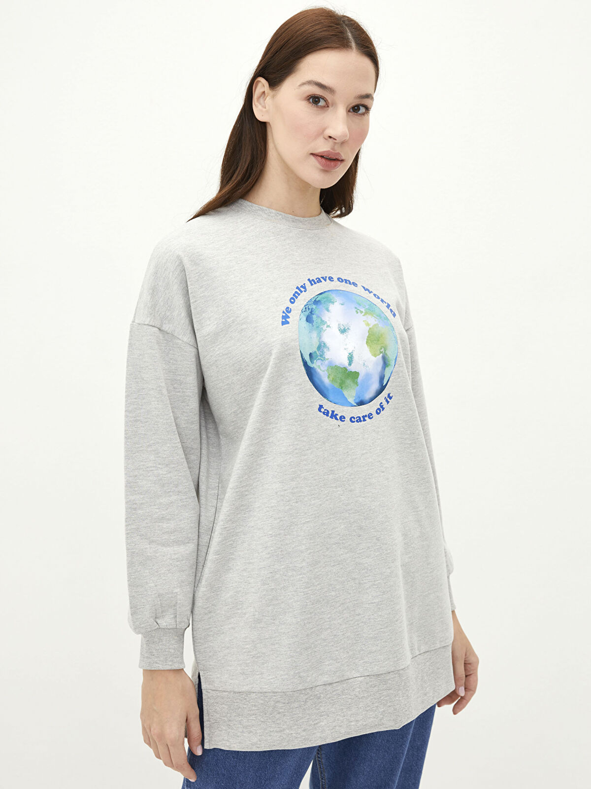 LCW GREEN Bisiklet Yaka Baskılı Uzun Kollu Oversize Kadın Tunik