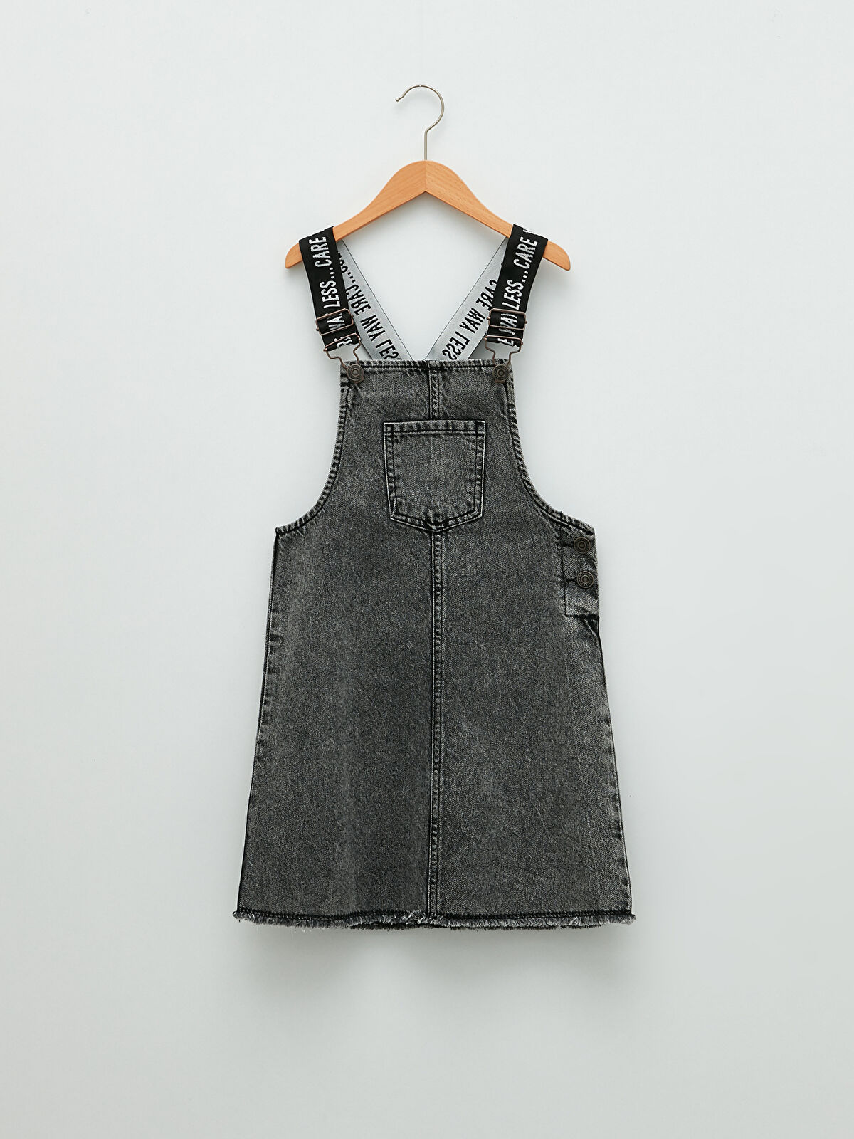 Kare Yaka Baskılı Askılı Kız Çocuk Jean Salopet Elbise