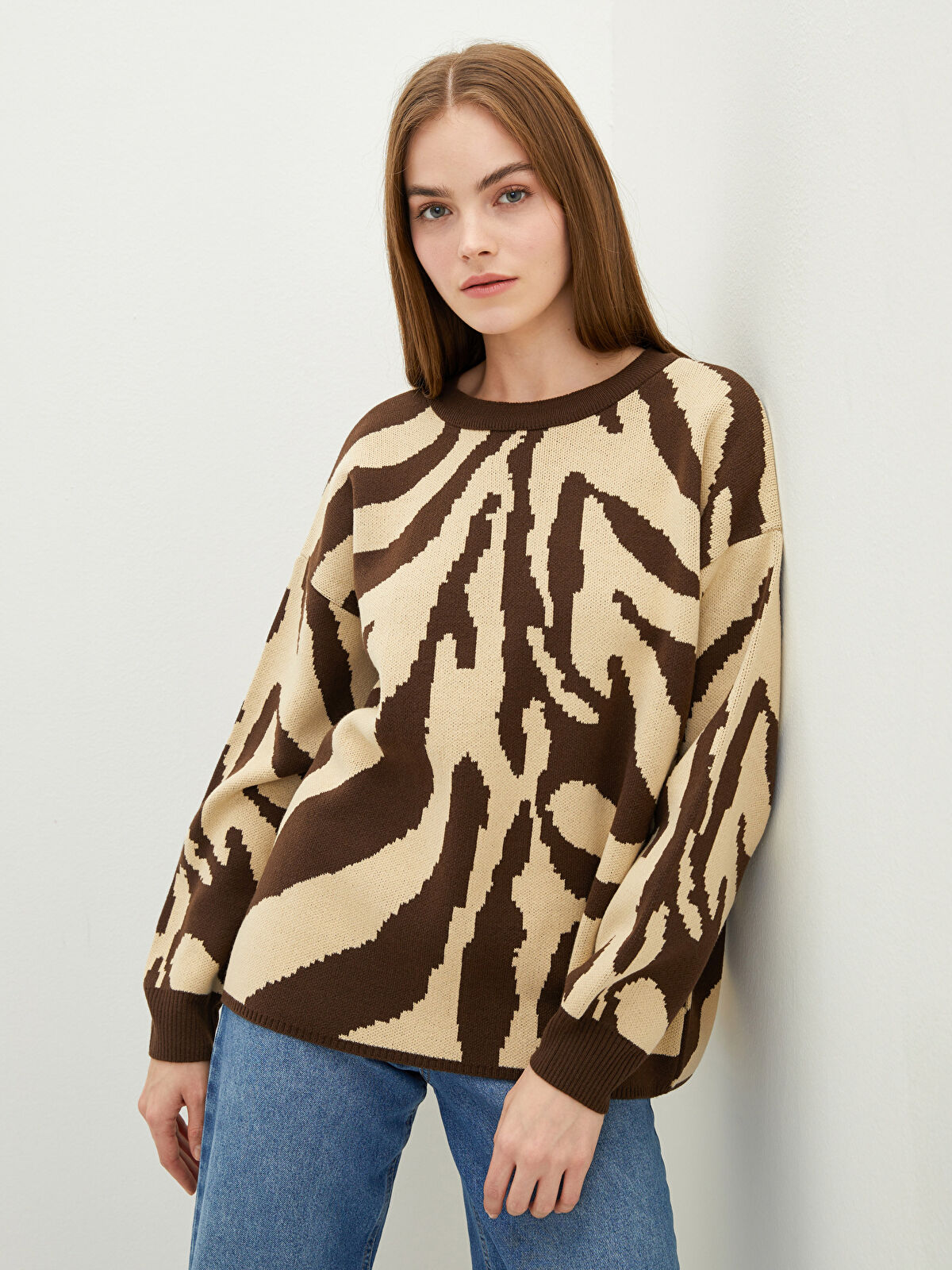 LCW VISION Bisiklet Yaka Desenli Uzun Kollu Oversize Kadın Triko Kazak