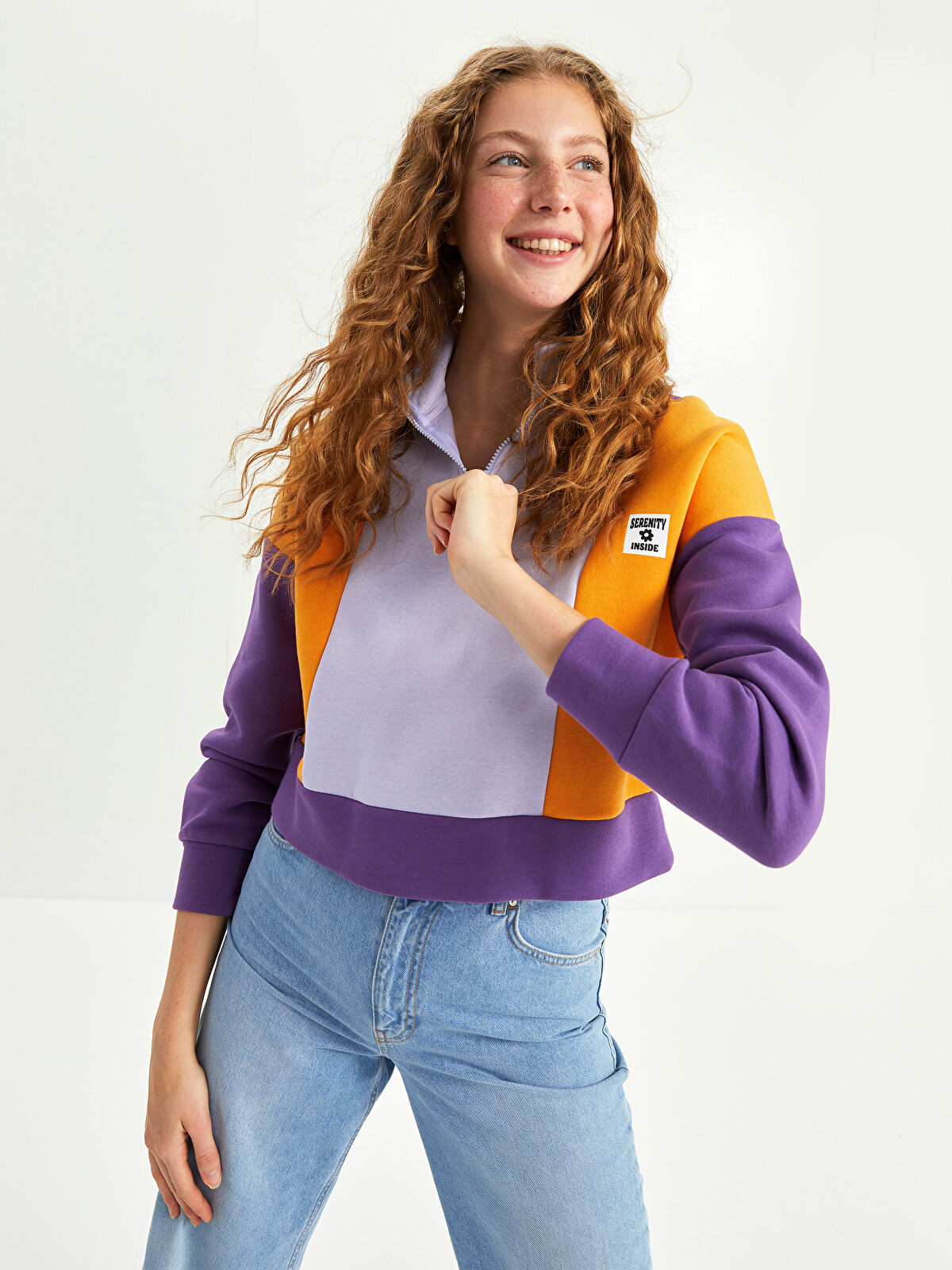 XSIDE Dik Yaka Renk Bloklu Uzun Kollu Kadın Sweatshirt