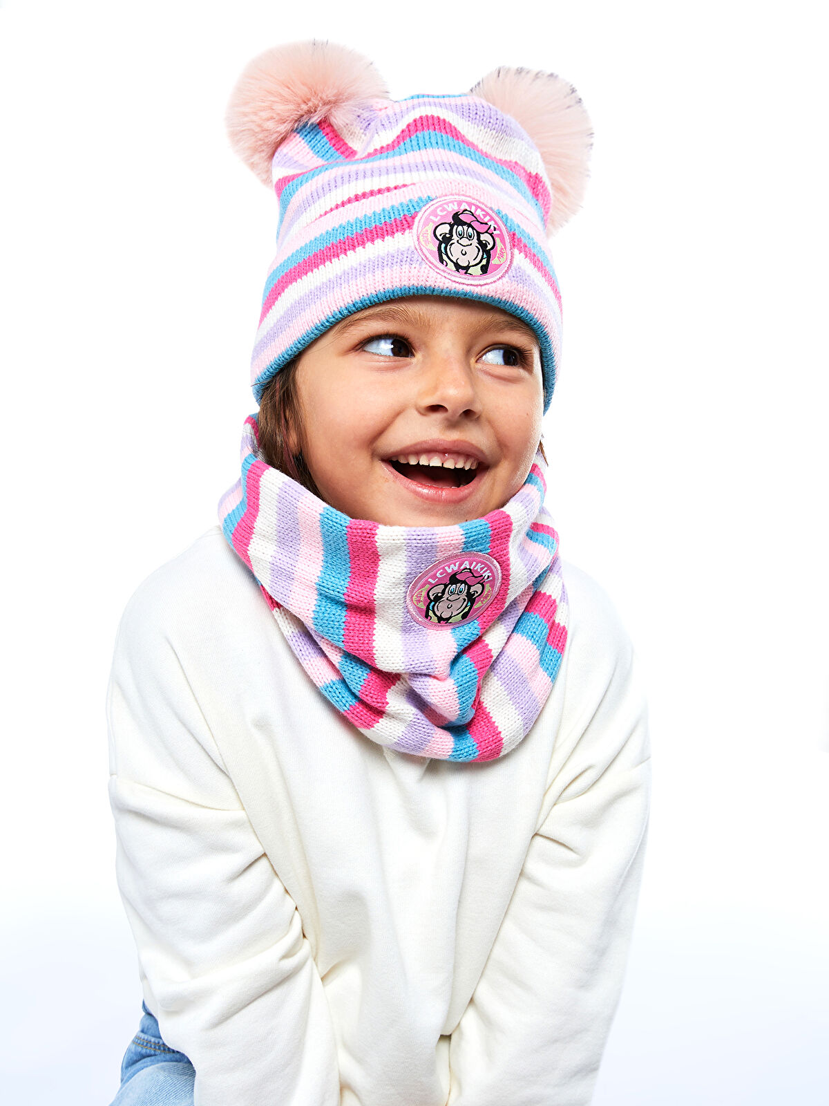 Etiket Baskılı Renkli Çizgili Kız Çocuk Triko Bere Ve Boyunluk 2'li