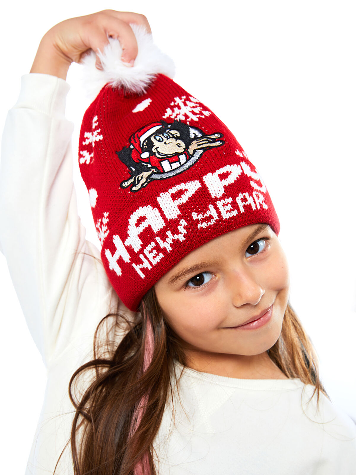 Kız Çocuk Nostaljik Maymun Nakışlı Triko Bere