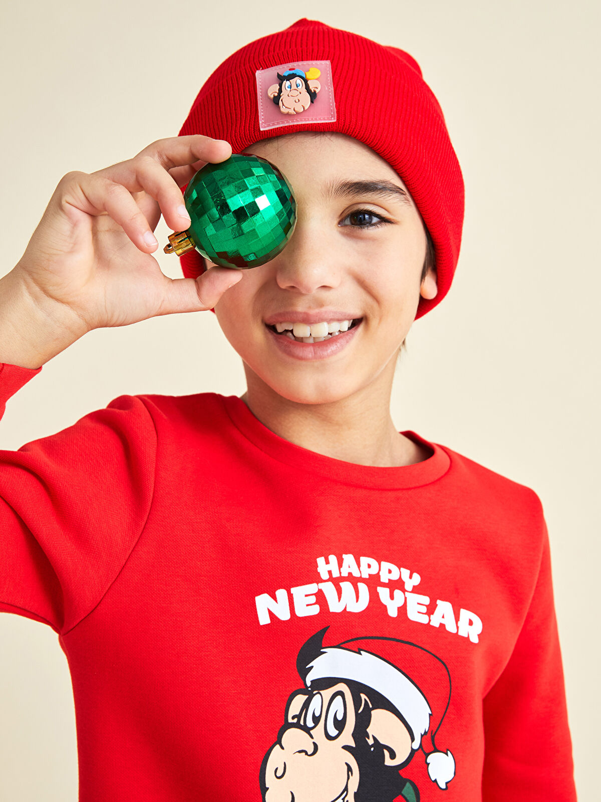 Bisiklet Yaka Nostaljik Maymun Baskılı Yılbaşı Temalı Uzun Kollu Erkek Çocuk Sweatshirt