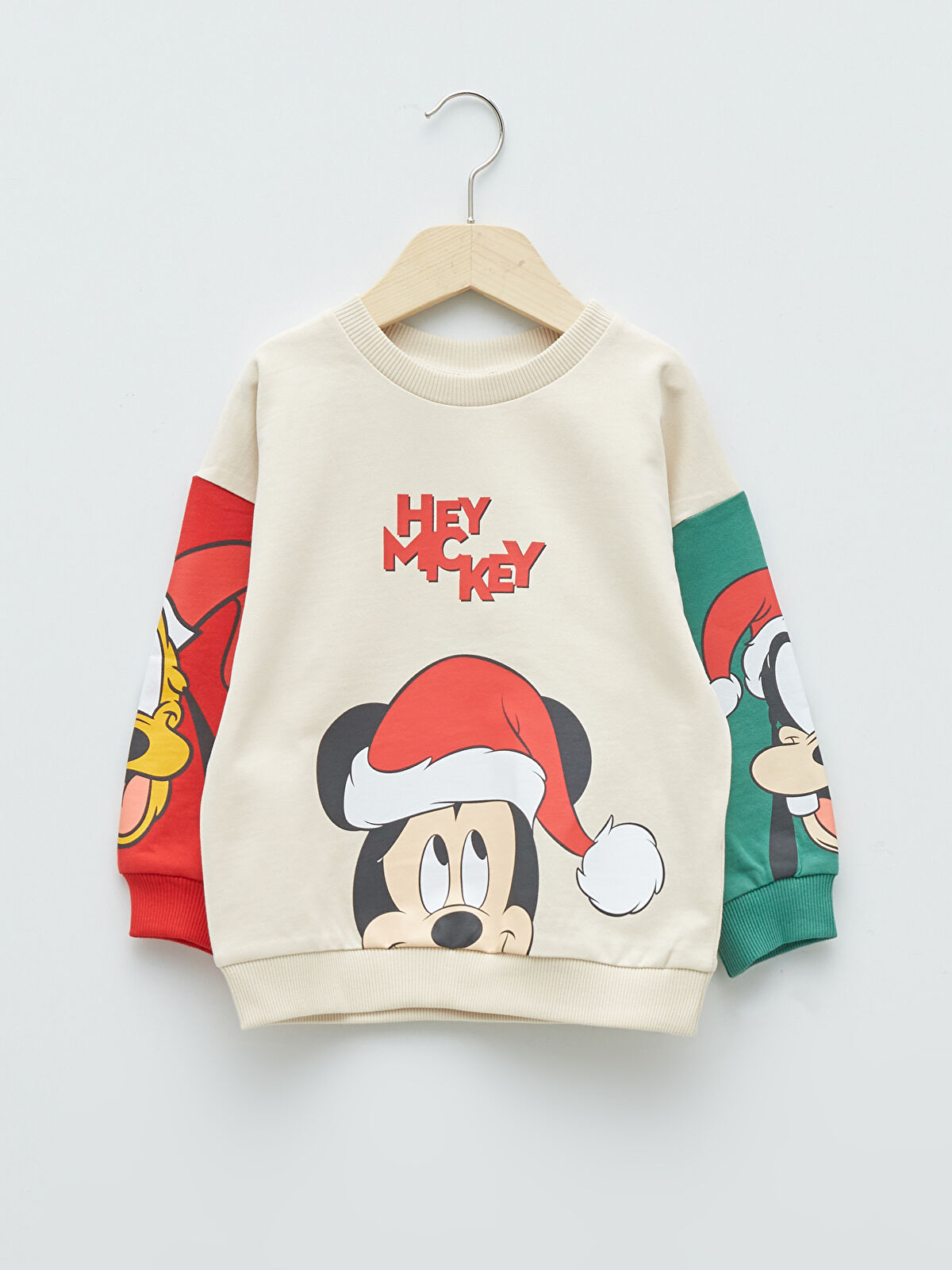Bisiklet Yaka Uzun Kollu Mickey Mouse Baskılı Yılbaşı Temalı Erkek Bebek Sweatshirt