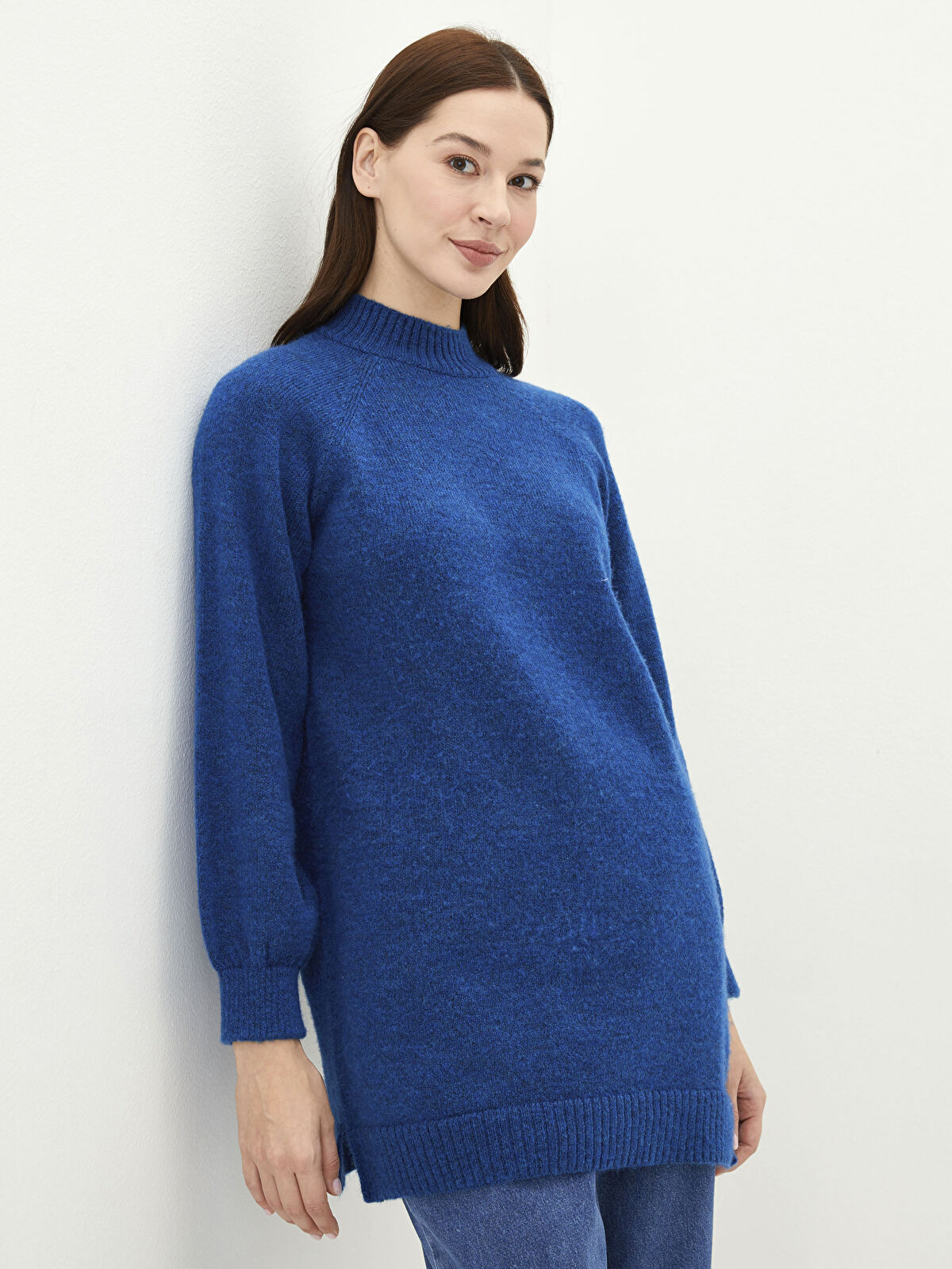 MODEST Yarım Balıkçı Yaka Düz Uzun Kollu Oversize Kadın Triko Tunik