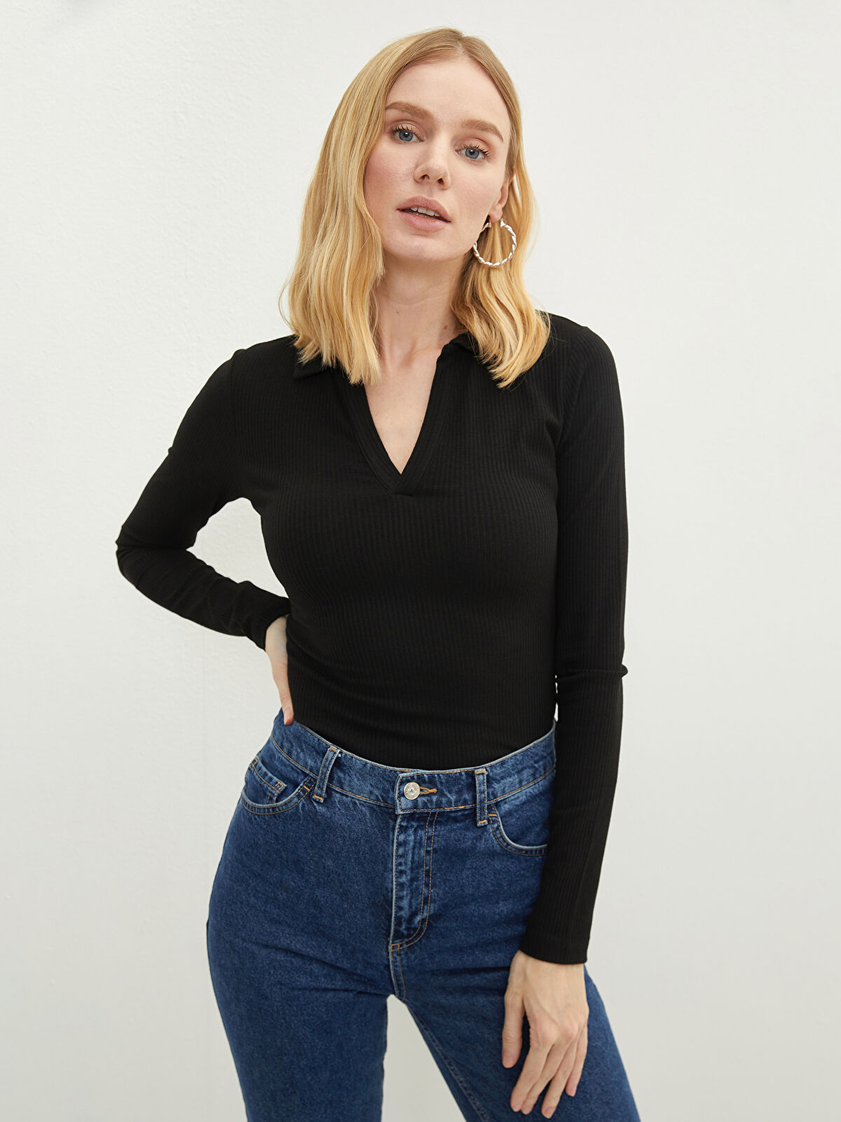 LCW CLASSIC Polo Yaka Düz Uzun Kollu Kadın Tişört