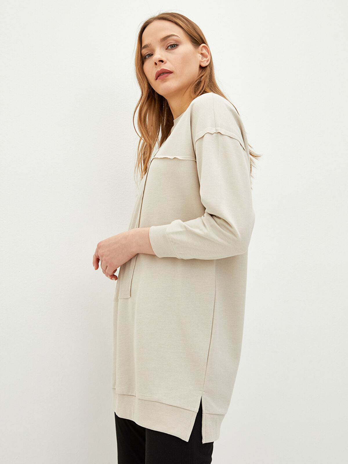 LCW CLASSIC Bisiklet Yaka Kendinden Desenli Uzun Kollu Oversize Kadın Tunik