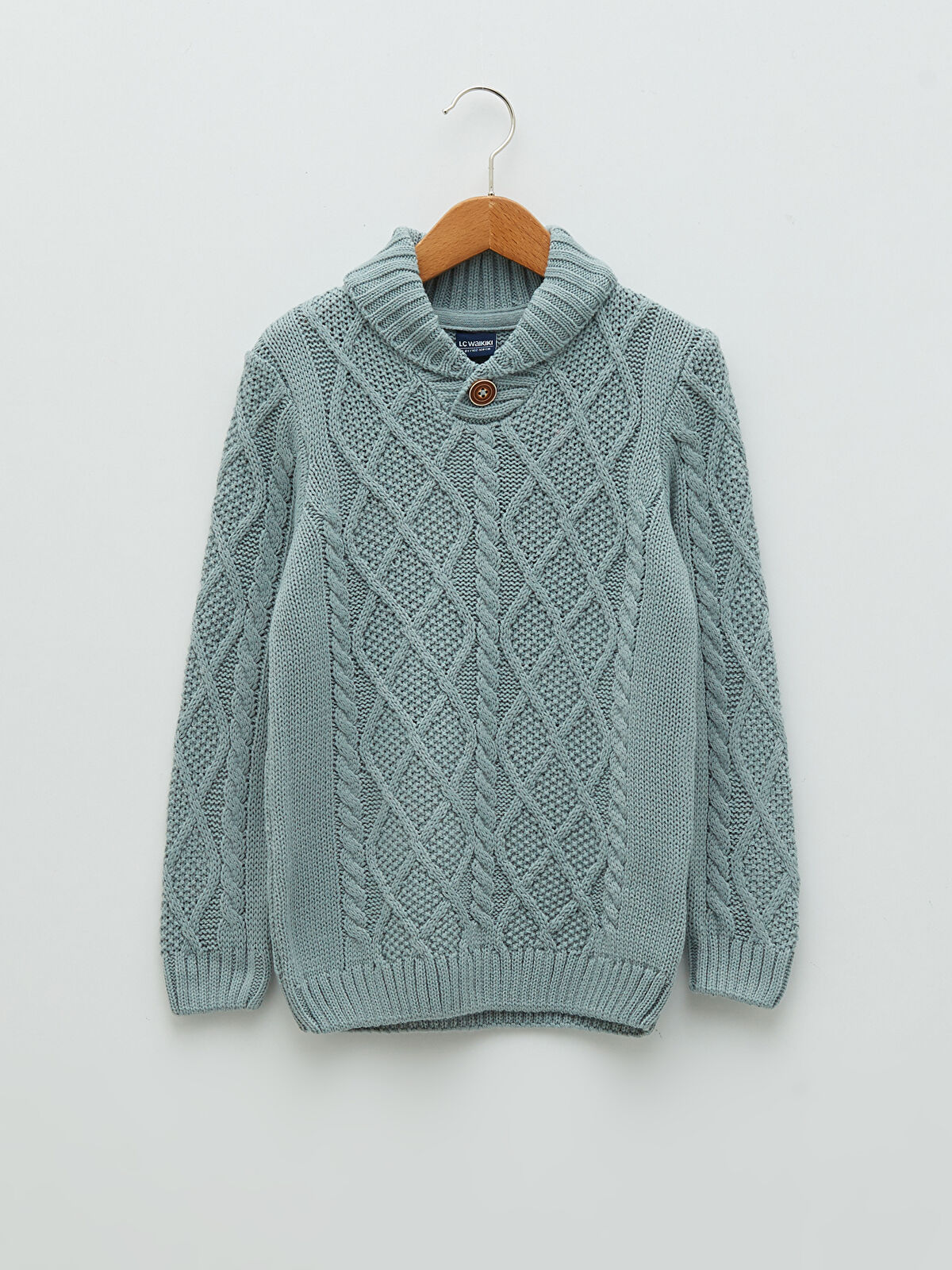 Şal Yaka Saç Örgüsü Desenli Uzun Kollu Erkek Çocuk Triko Kazak