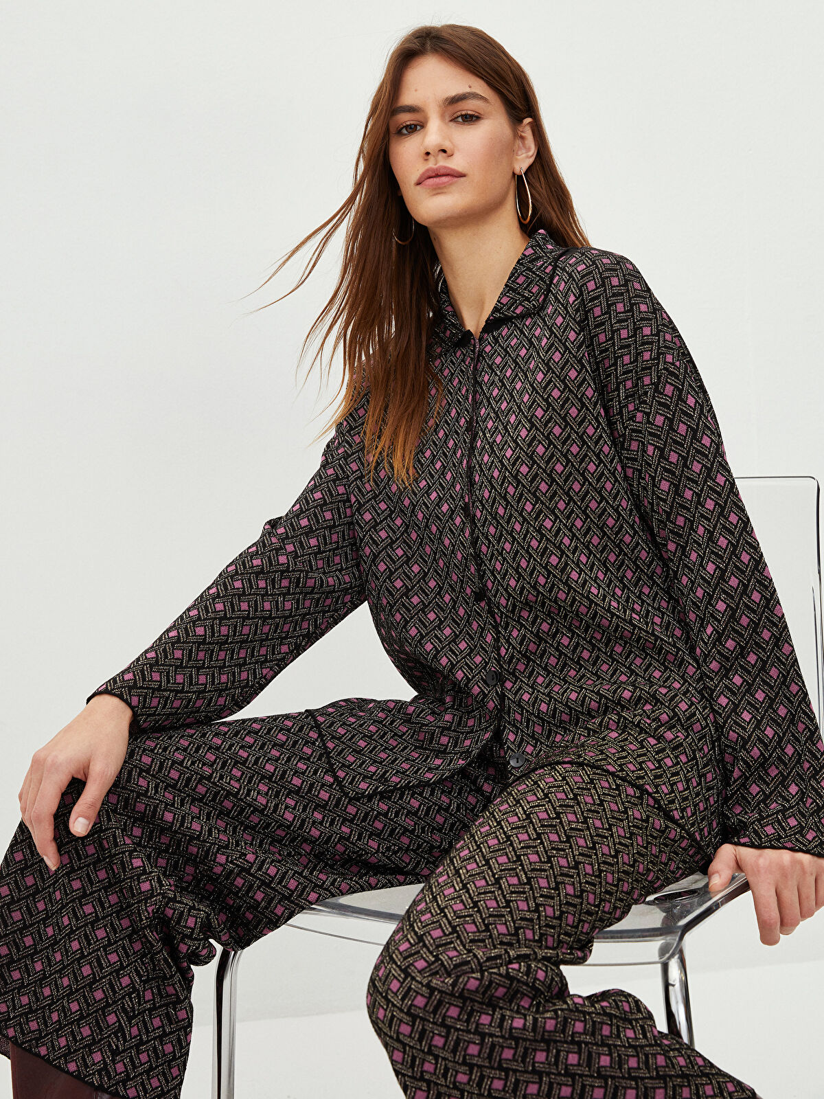 LCW CLASSIC Polo Yaka Desenli Uzun Kollu Kadın Triko Hırka