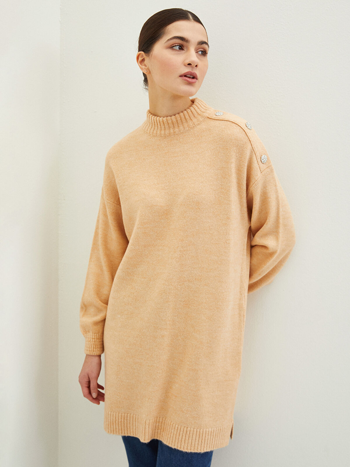 MODEST Yarım Balıkçı Yaka Düz Uzun Kollu Oversize Kadın Triko Tunik