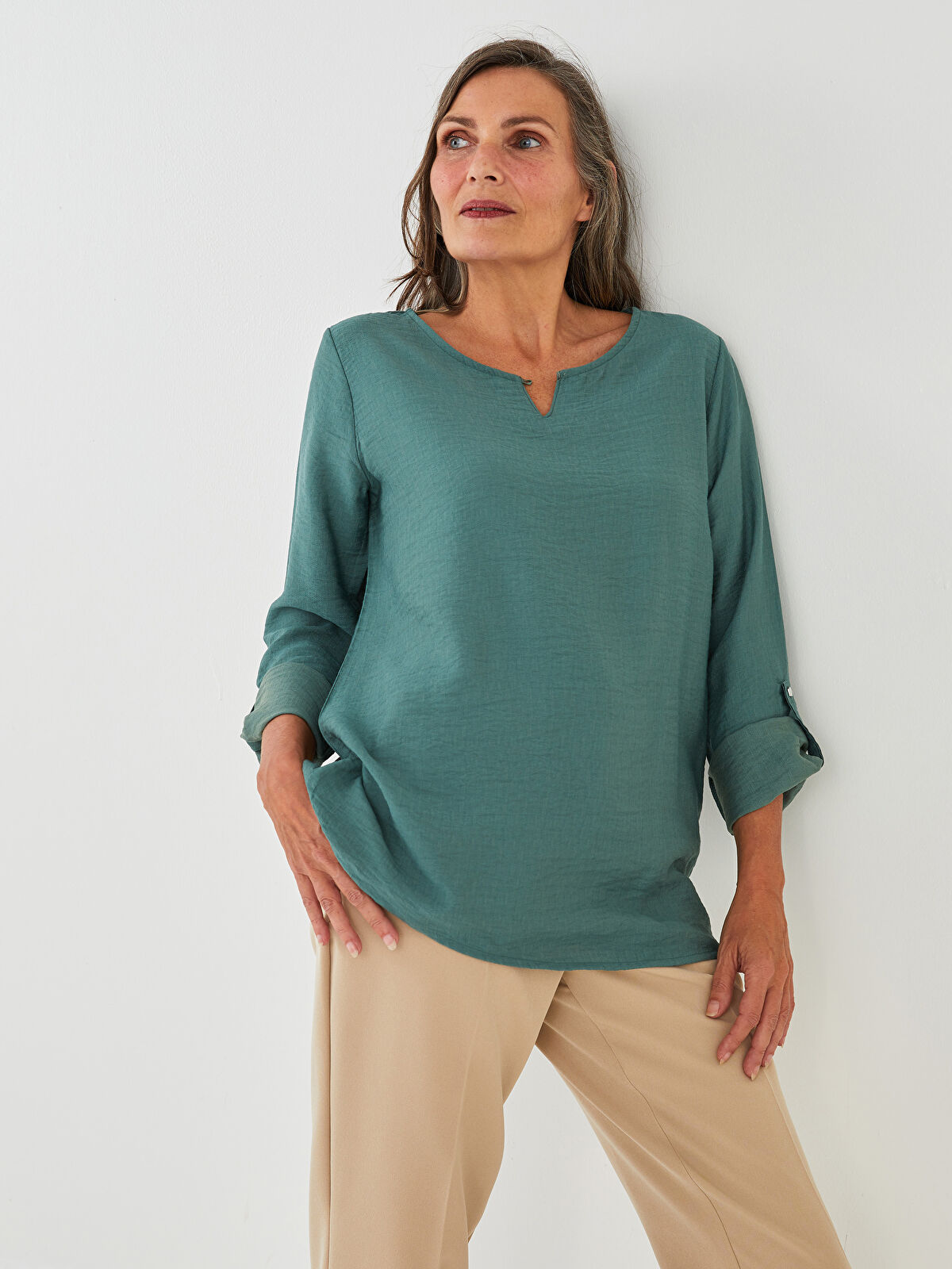 LCW GRACE Kaçık Yaka Düz Uzun Kollu Keten Kadın Bluz