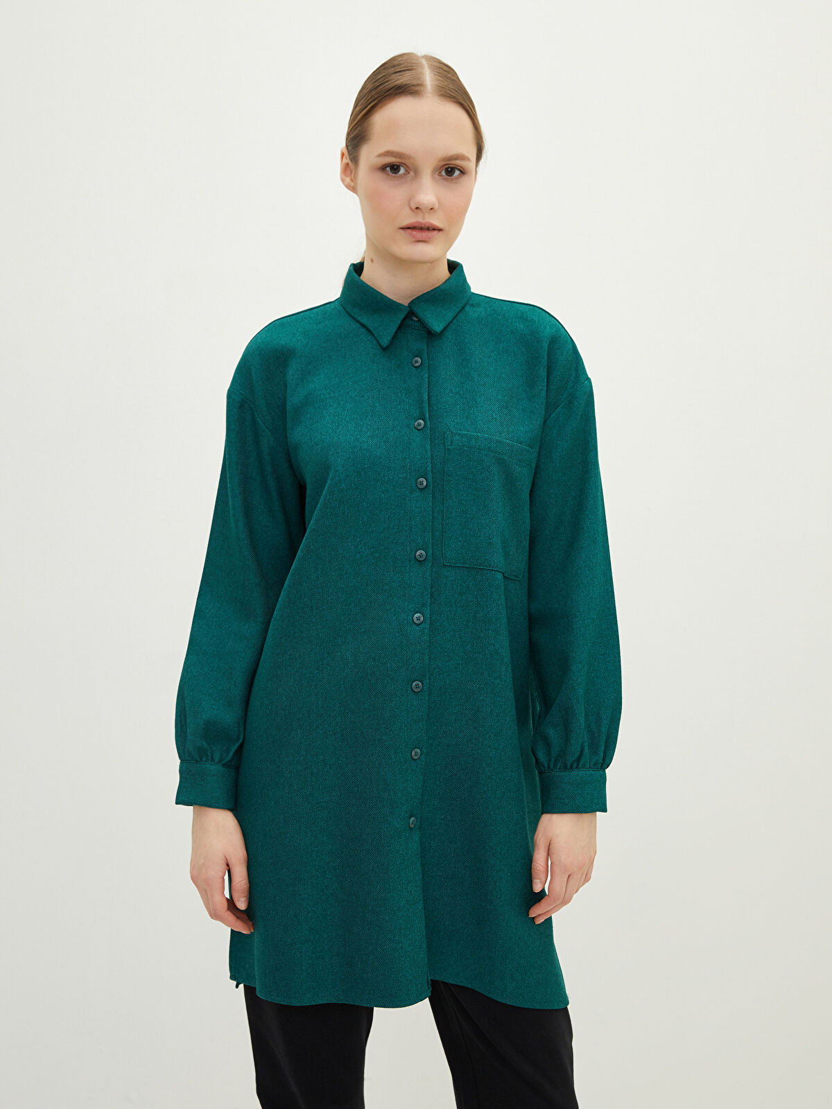 MODEST Gömlek Yaka Düz Uzun Kollu Gabardin Kumaş Oversize Kadın Tunik