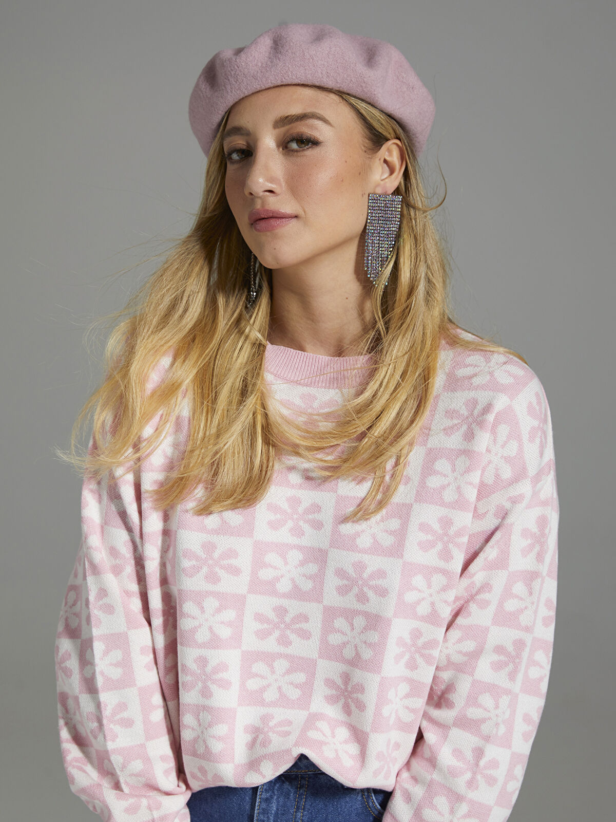 X-SIDE x Aleyna Kalaycıoğlu Kadın Triko Kazak - Bisiklet Yaka Desenli Uzun Kollu