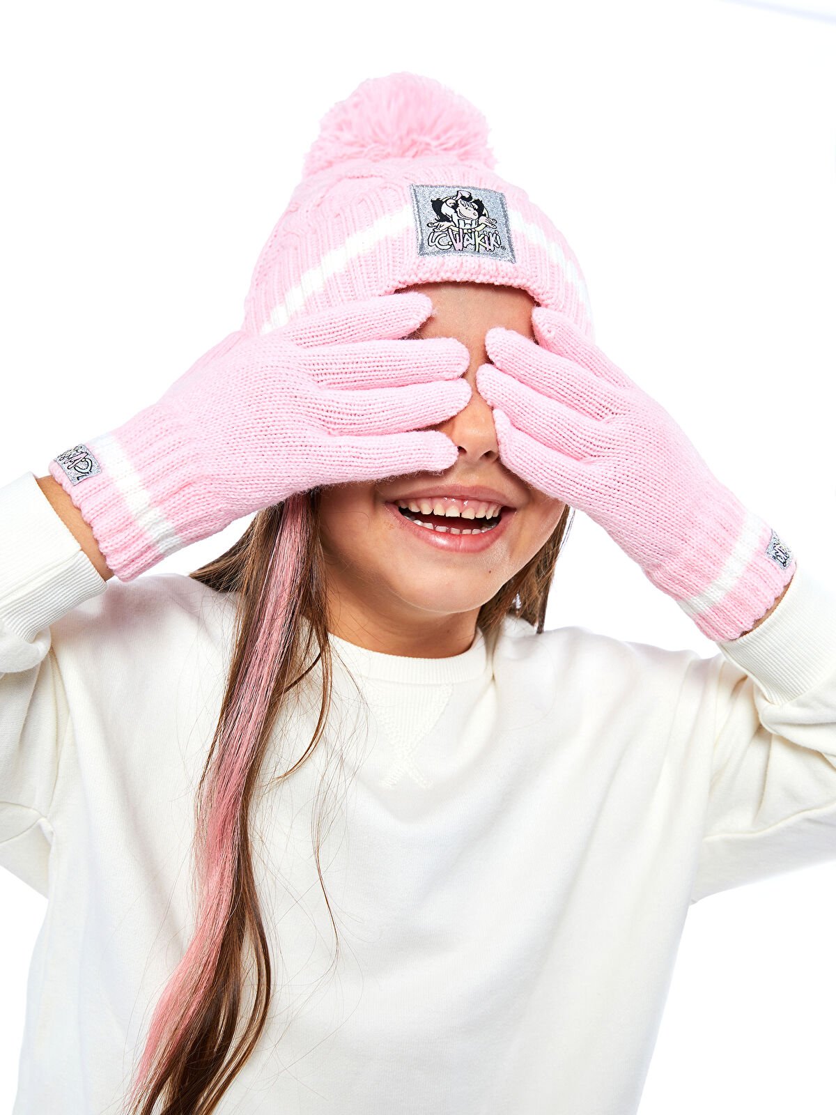 Kız Çocuk Marka Etiket Baskılı Triko Eldiven Kız Çocuk Marka Etiket Baskılı Triko Eldiven