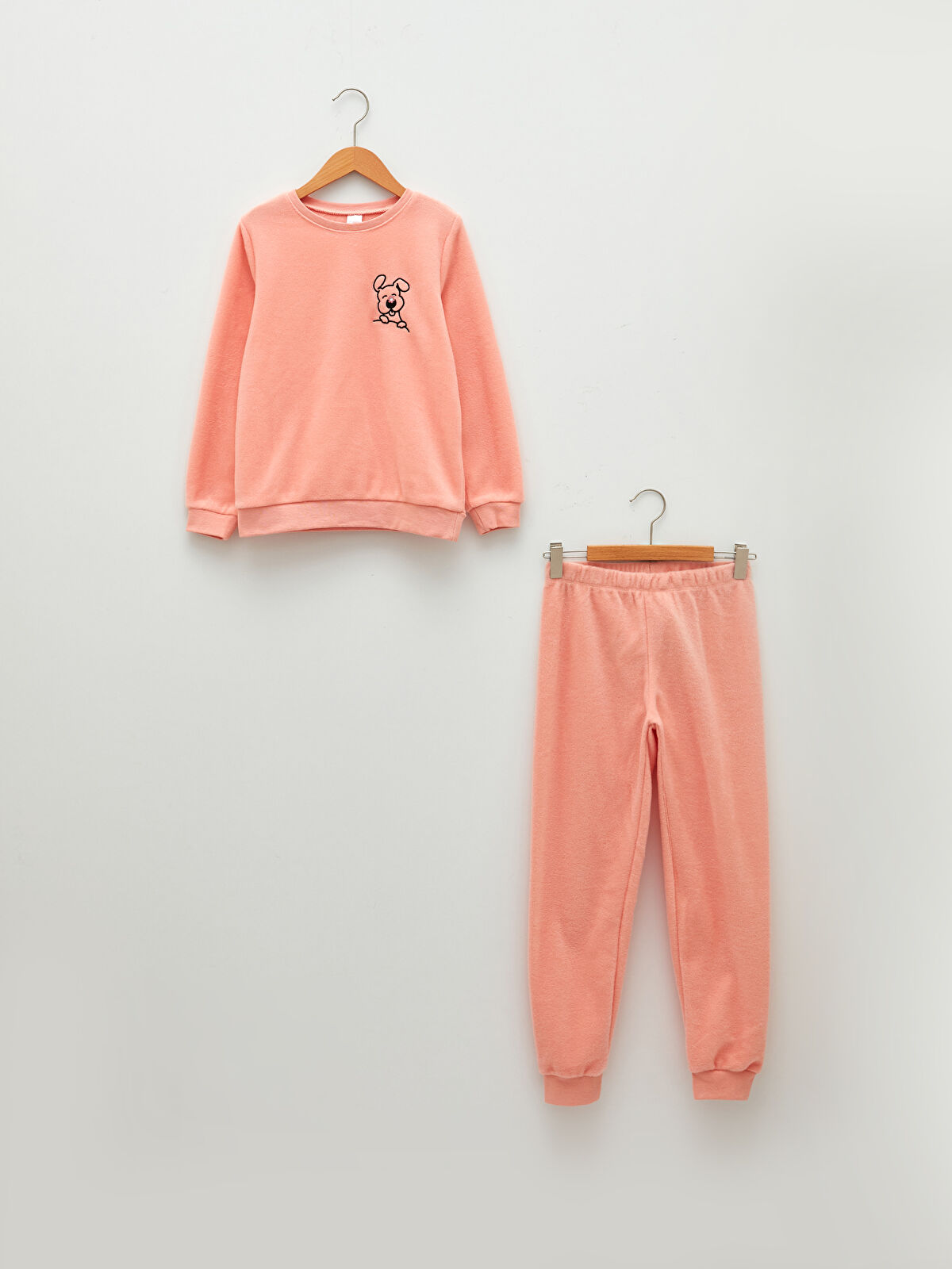 Bisiklet Yaka Nakış Detaylı Uzun Kollu Polar Kız Çocuk Pijama Takımı