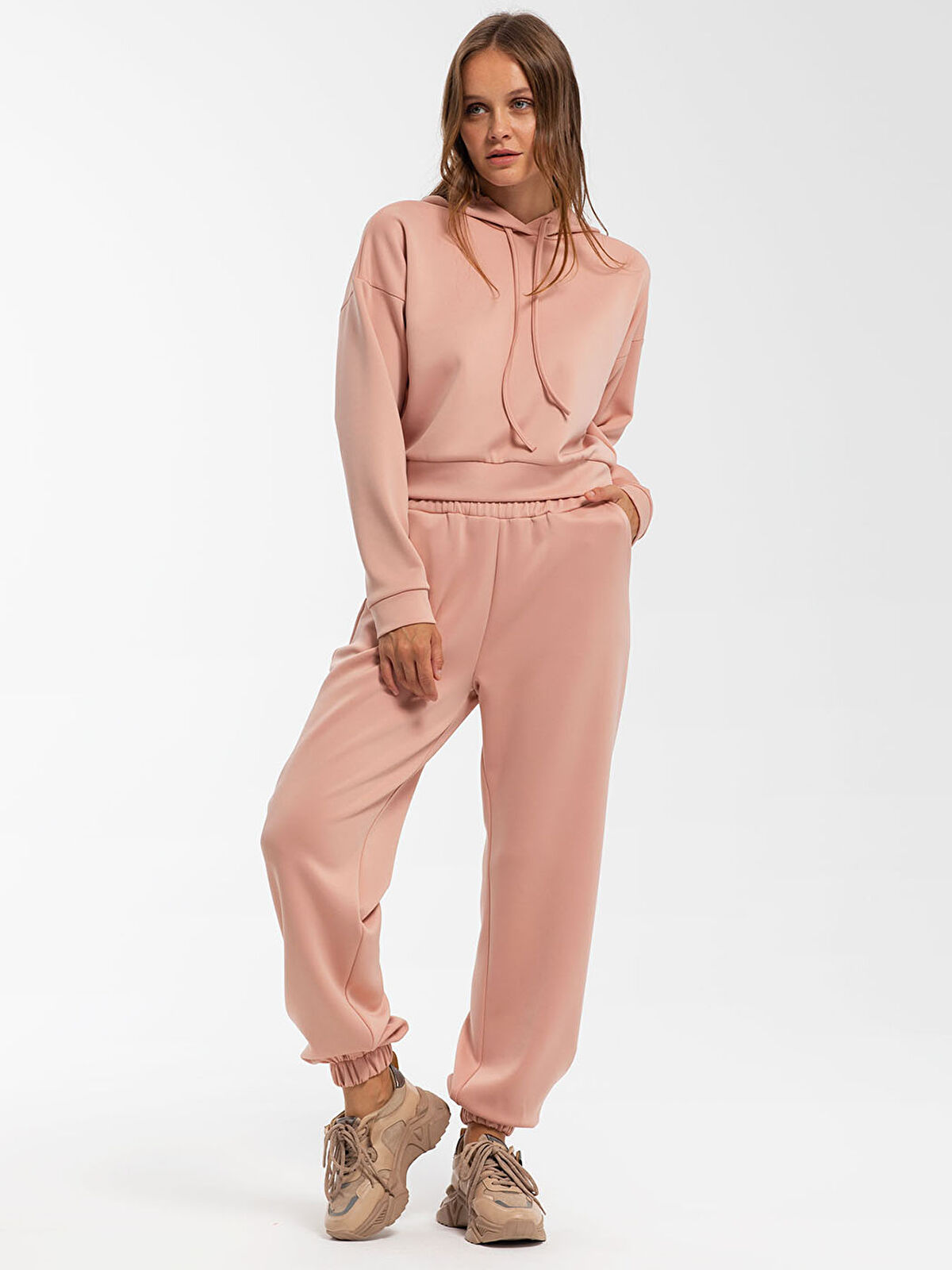 Nisan Triko Kapüşon Yaka Uzun Kollu Düz Kadın Sweatshirt