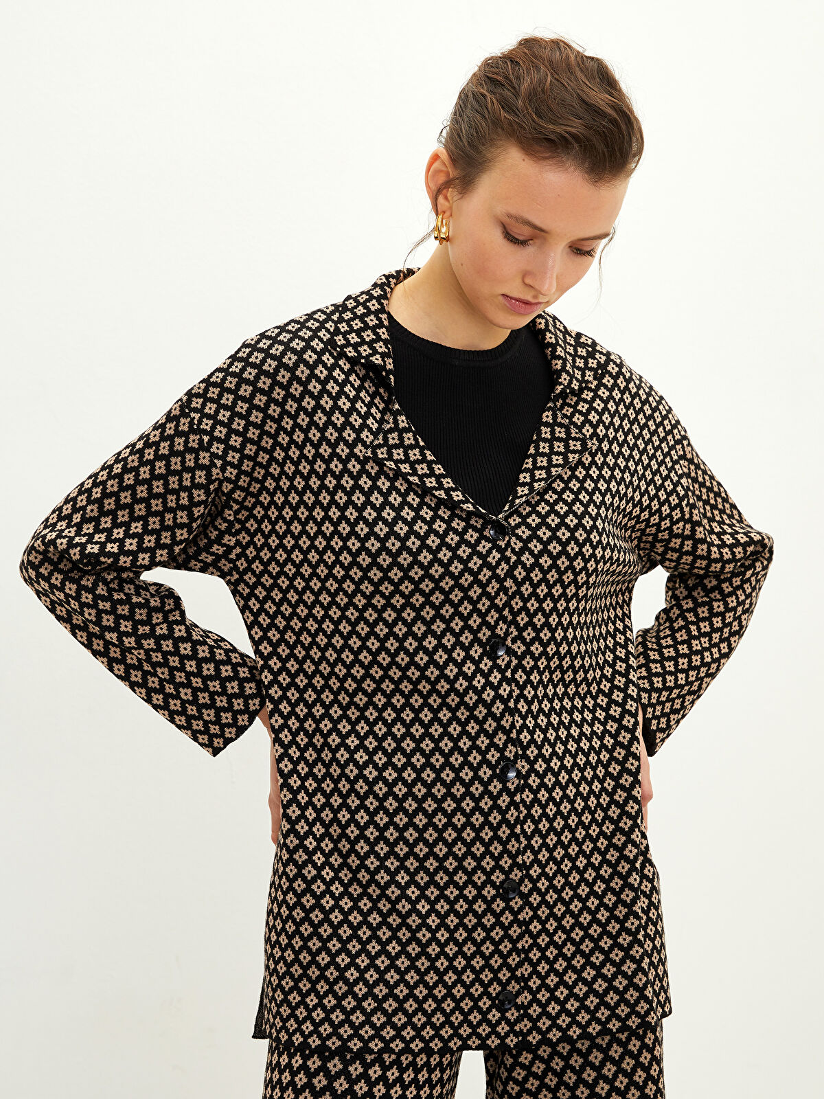 LCW CLASSIC Ceket Yaka Desenli Uzun Kollu Kadın Triko Hırka