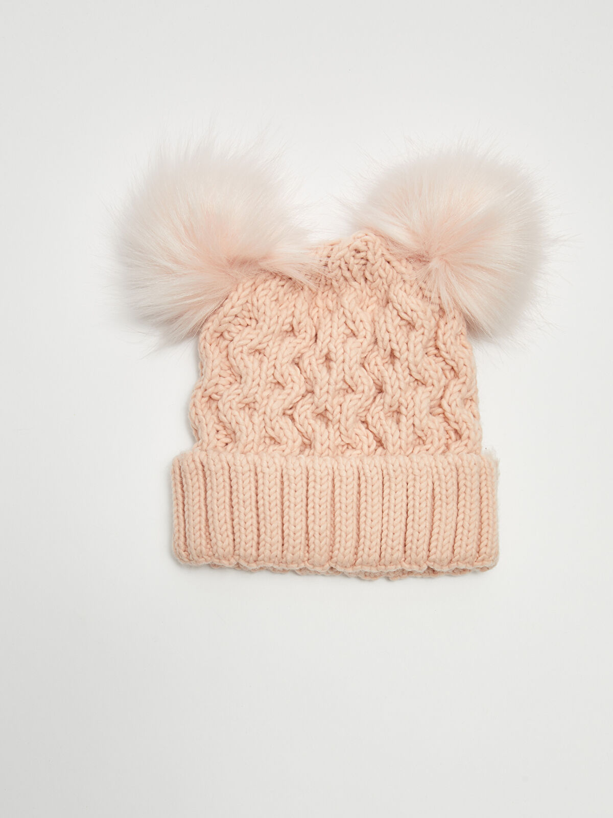 Kendinden Desenli Çift Ponponlu Kız Çocuk Triko Bere