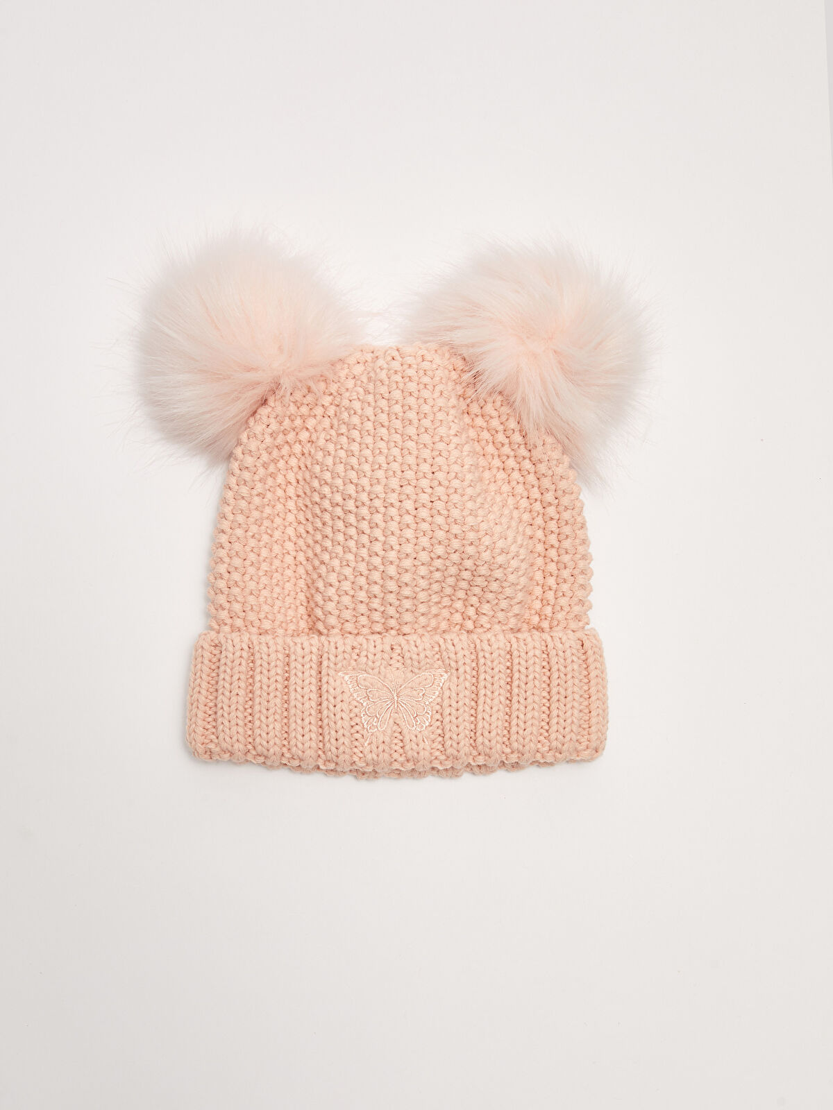 Kelebek Nakışlı Ponponlu Kız Çocuk Triko Bere