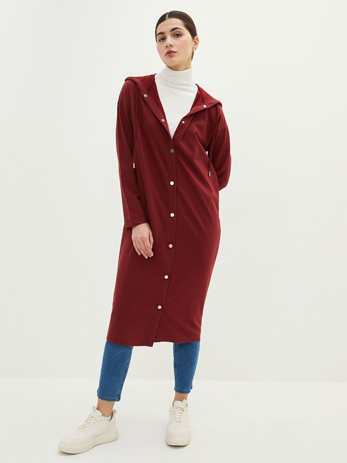 MODEST Kapüşonlu Düz Uzun Kollu Oversize Kadın Spor Hırka