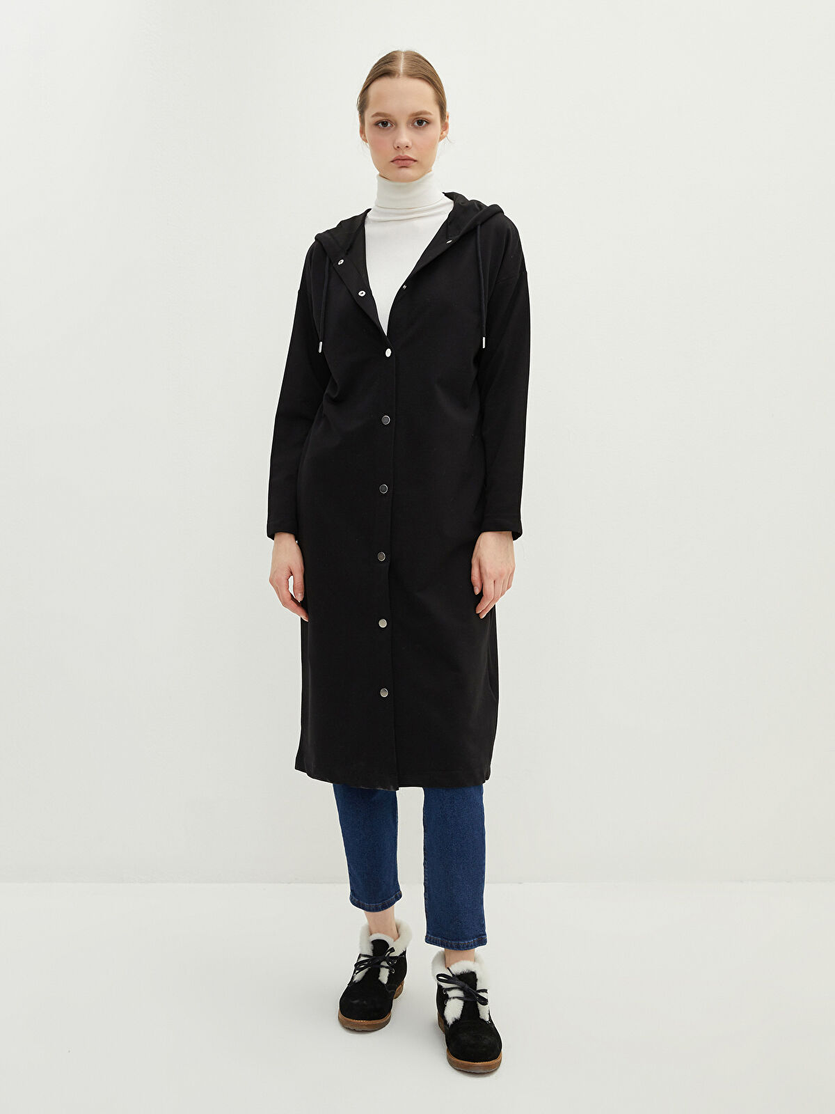 MODEST Kapüşonlu Düz Uzun Kollu Oversize Kadın Spor Hırka