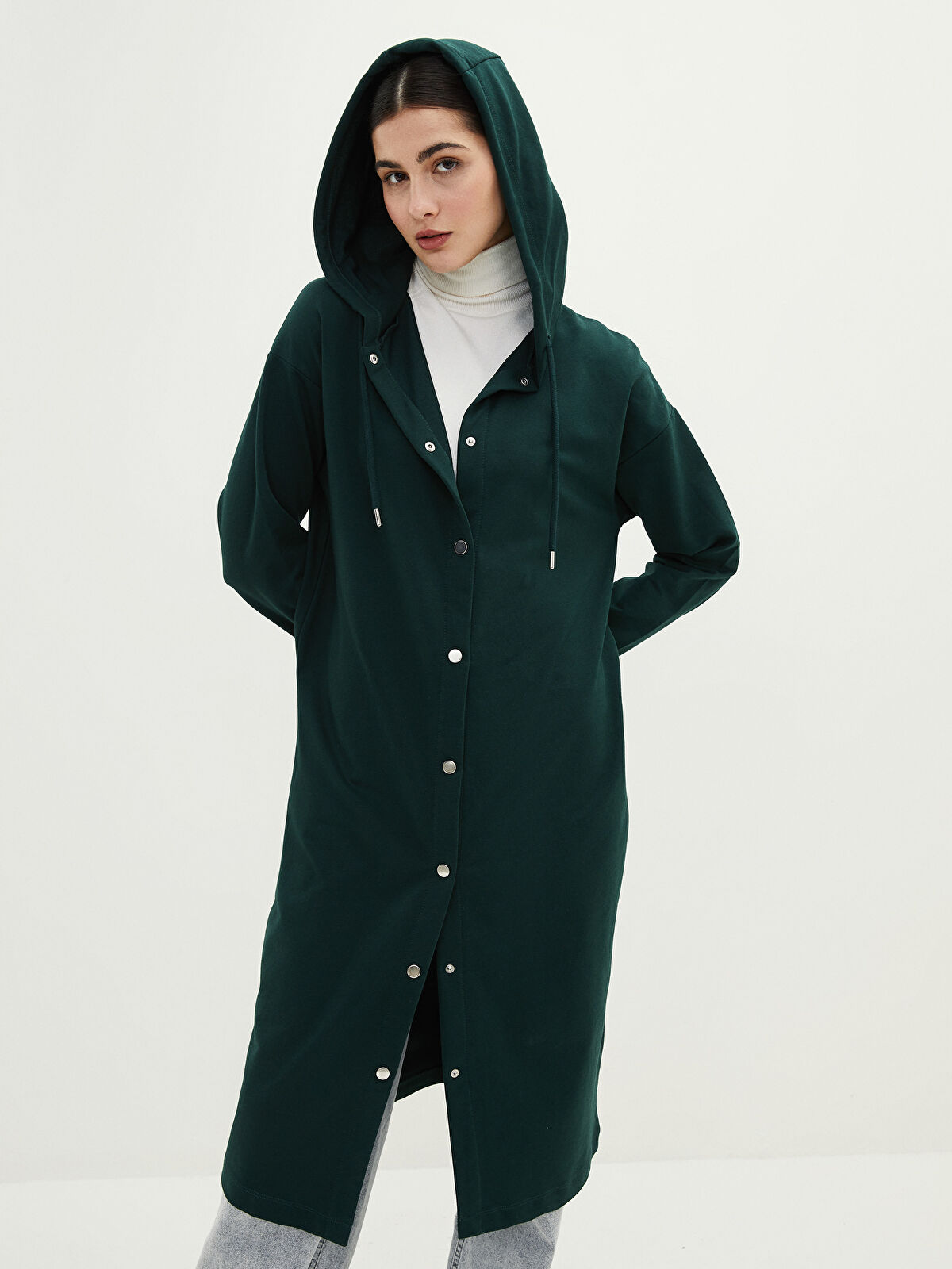 MODEST Kapüşonlu Düz Uzun Kollu Oversize Kadın Spor Hırka