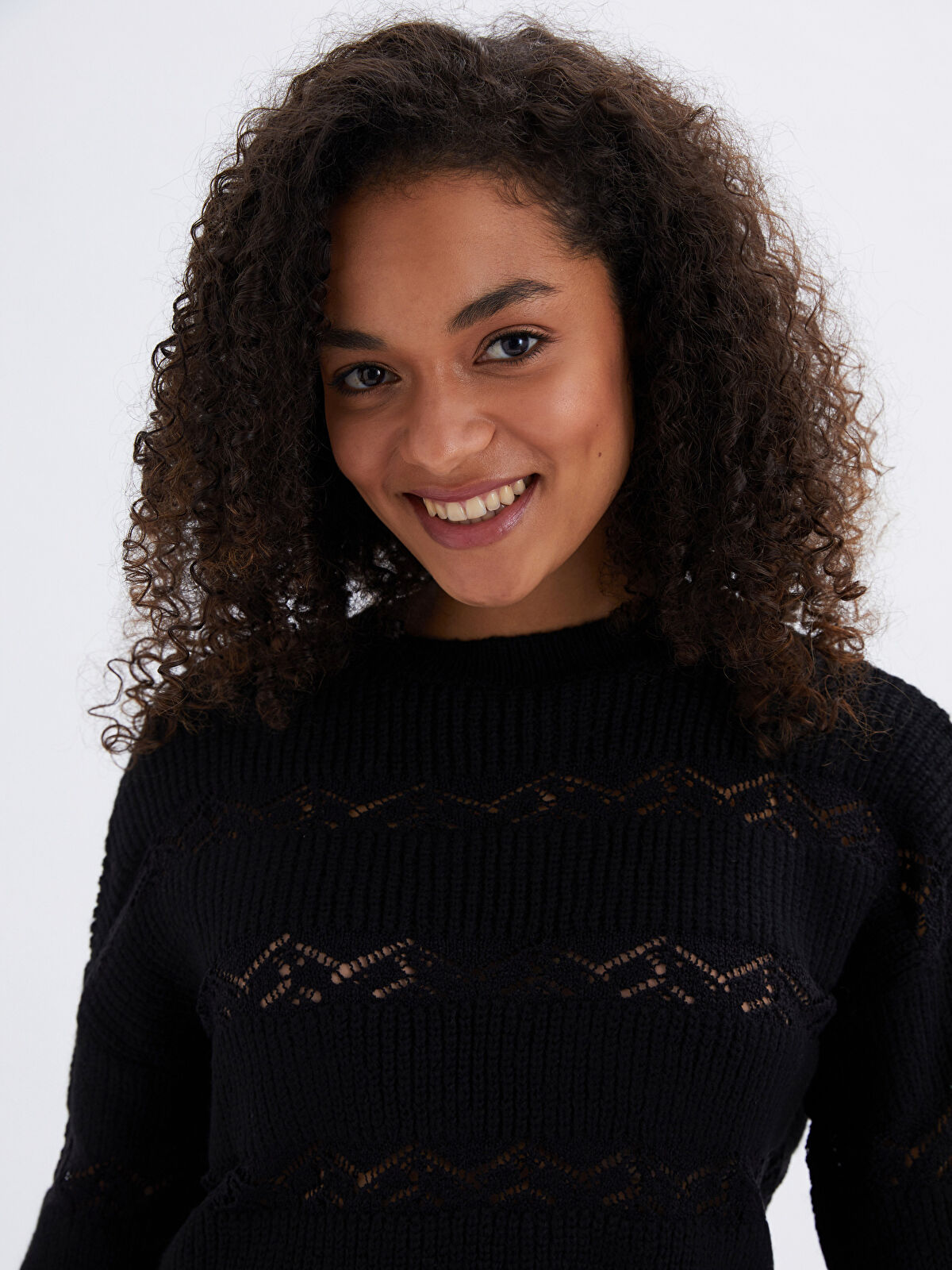 QUZU Bisiklet Yaka Kendinden Desenli Uzun Kollu Kadın Triko Kazak