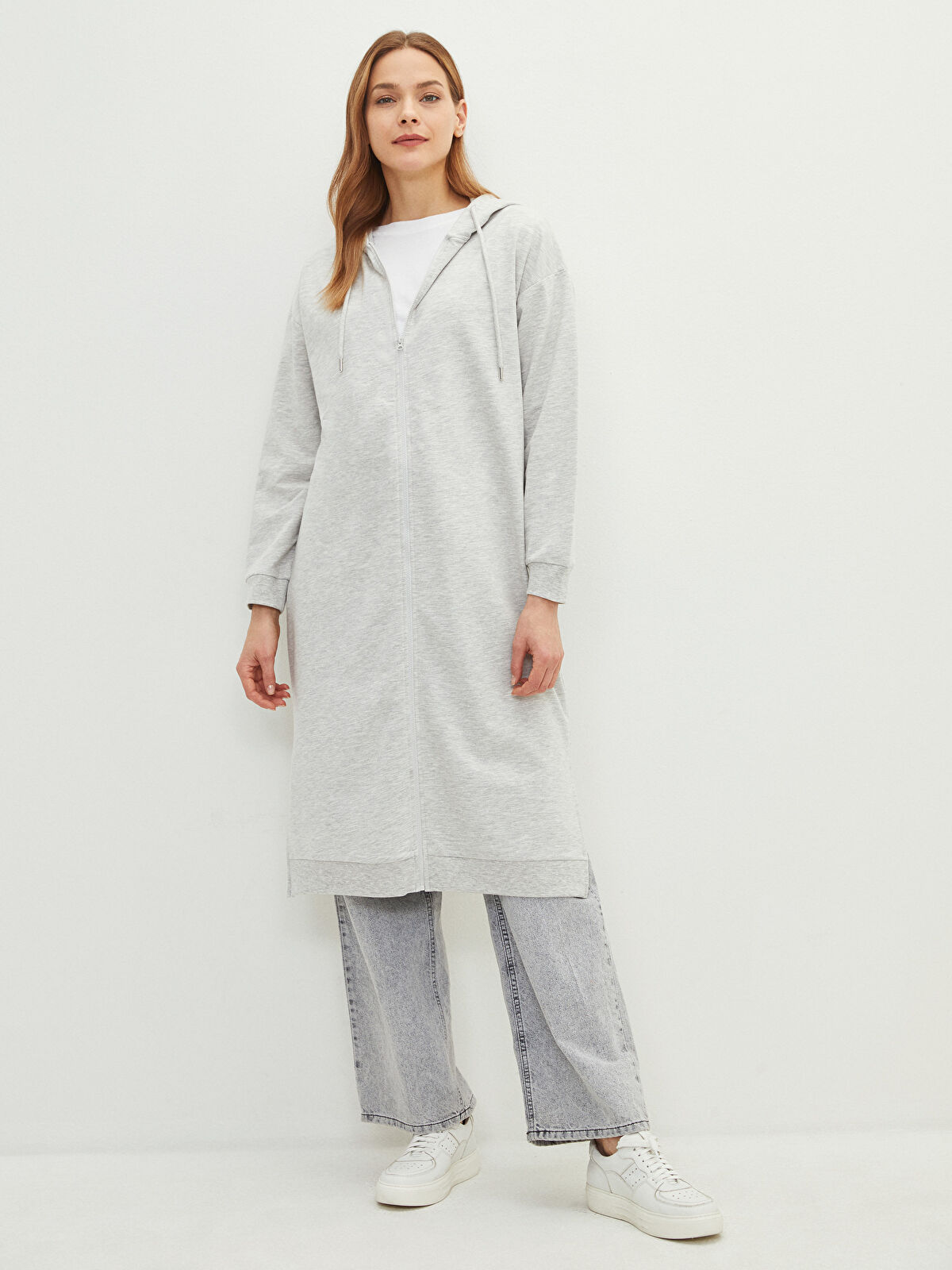 MODEST Kapüşonlu Düz Uzun Kollu Oversize Kadın Spor Hırka