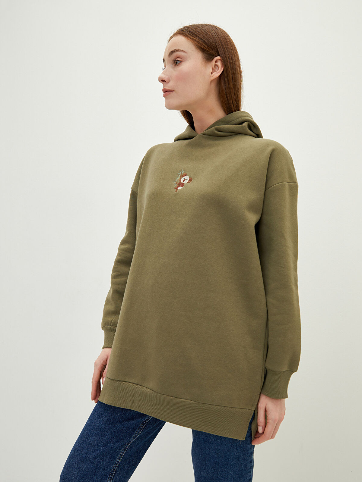 MODEST Kapüşonlu Nakışlı Uzun Kollu Oversize Kadın Tunik