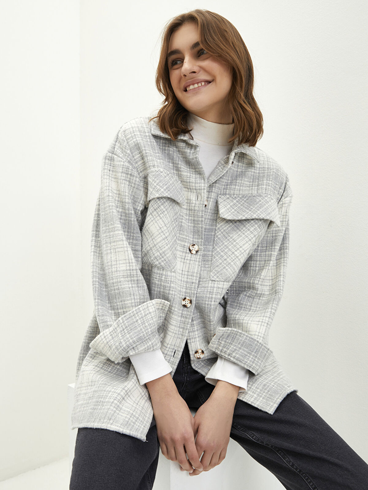 LCW CLASSIC Gömlek Yaka Ekose Uzun Kollu Gabardin Kumaş Kadın Tunik