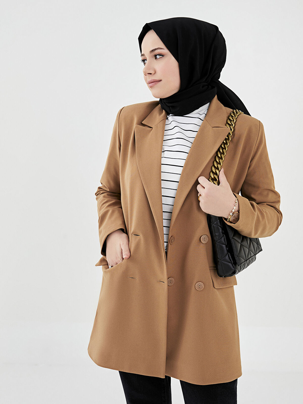 MODEST Önden Düğme Kapamalı Düz Uzun Kollu Dobby Kumaş Kadın Ceket