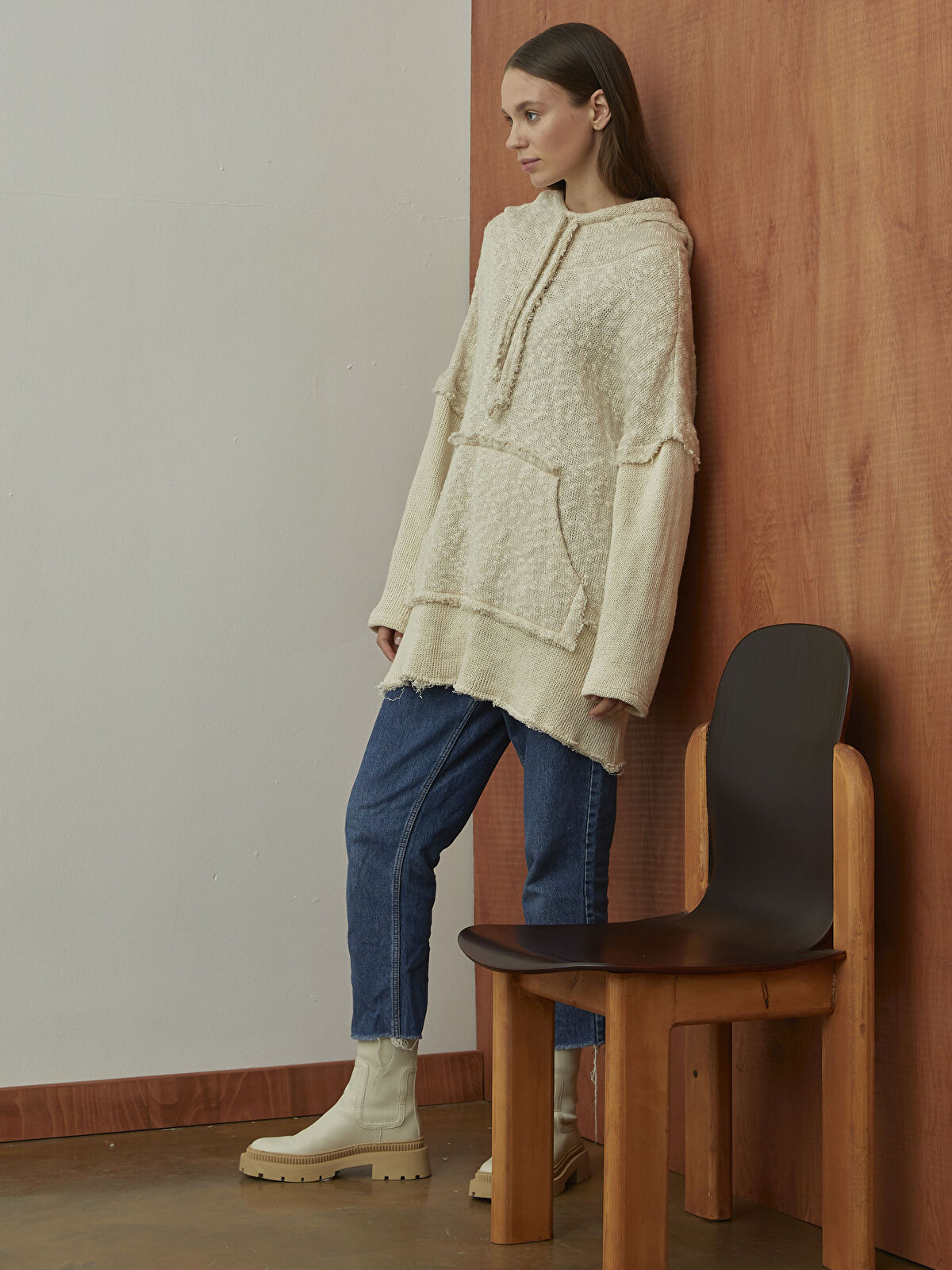 QOOQ STORE Kapüşonlu Kendinden Desenli Uzun Kollu Kadın Triko Sweatshirt QOOQ STORE Kapüşonlu Kendinden Desenli Uzun Kollu Kadın Triko Sweatshirt