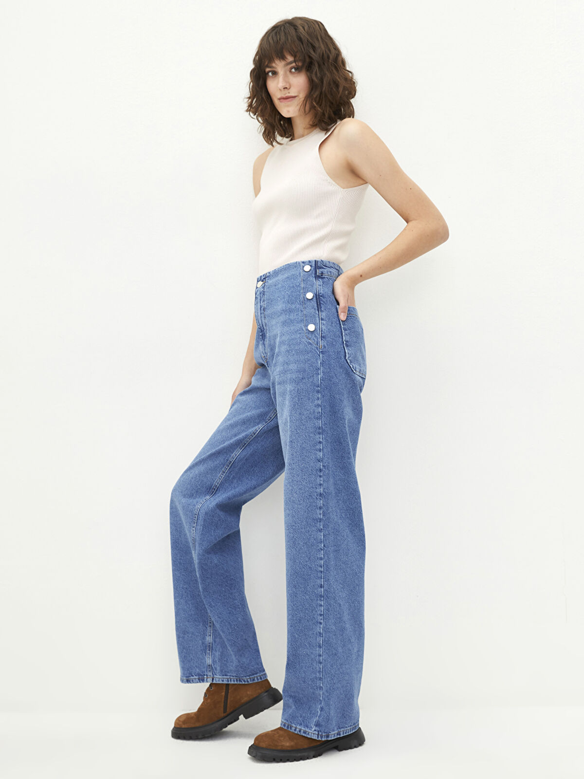 Yüksek Bel Rahat Kalıp Düz Geniş Paça Kadın Rodeo Jean Pantolon