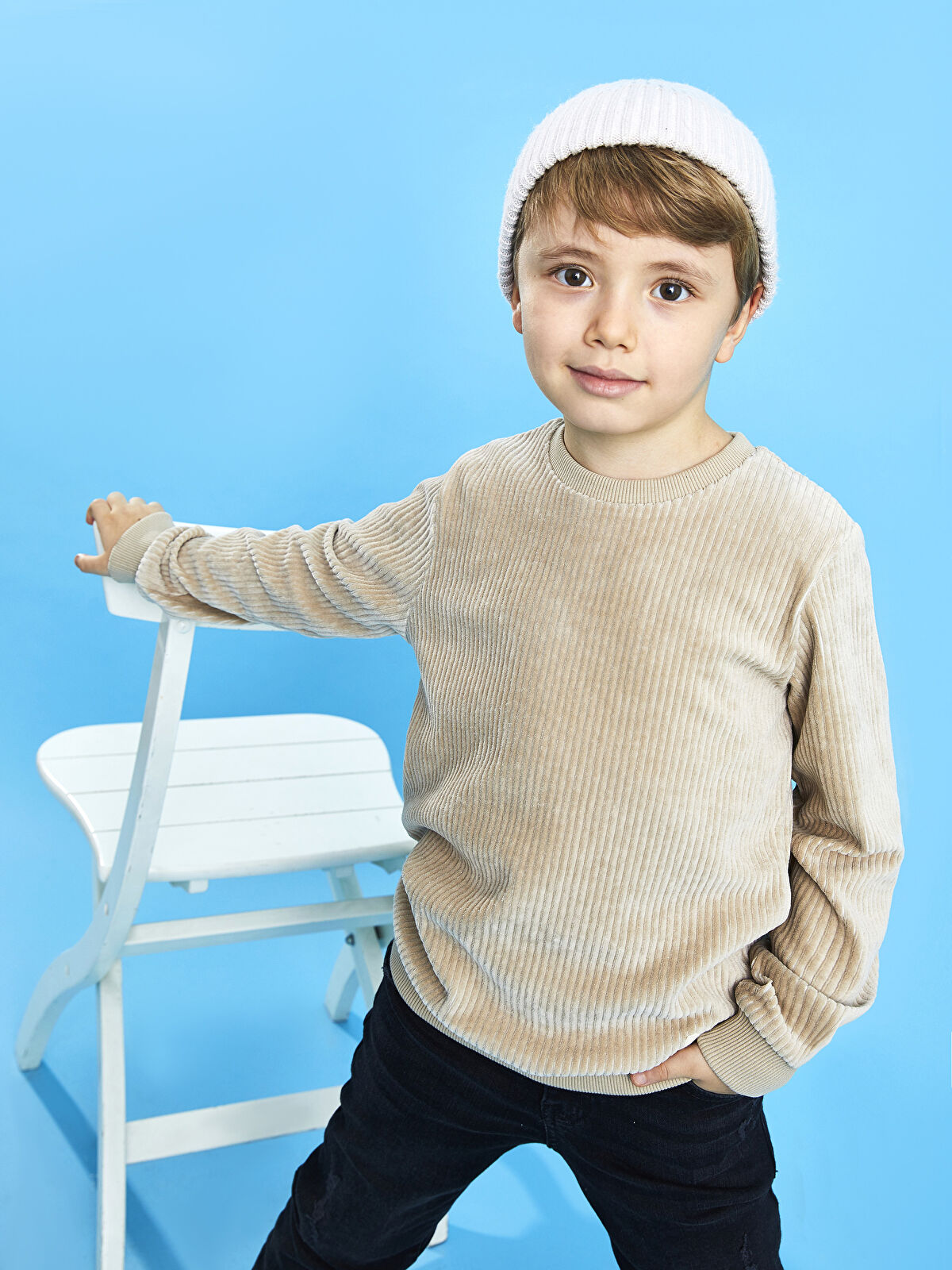 Bisiklet Yaka Basic Uzun Kollu Kadife Erkek Çocuk Sweatshirt