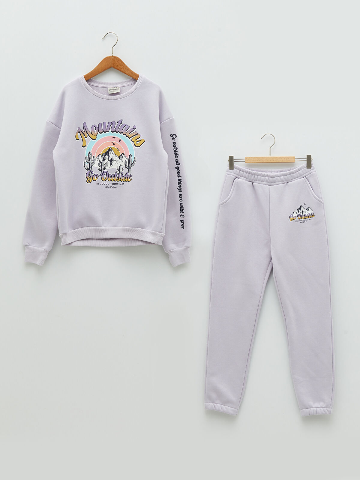 Bisiklet Yaka Baskılı Uzun Kollu Oversize Kız Çocuk Sweatshirt ve Eşofman Altı