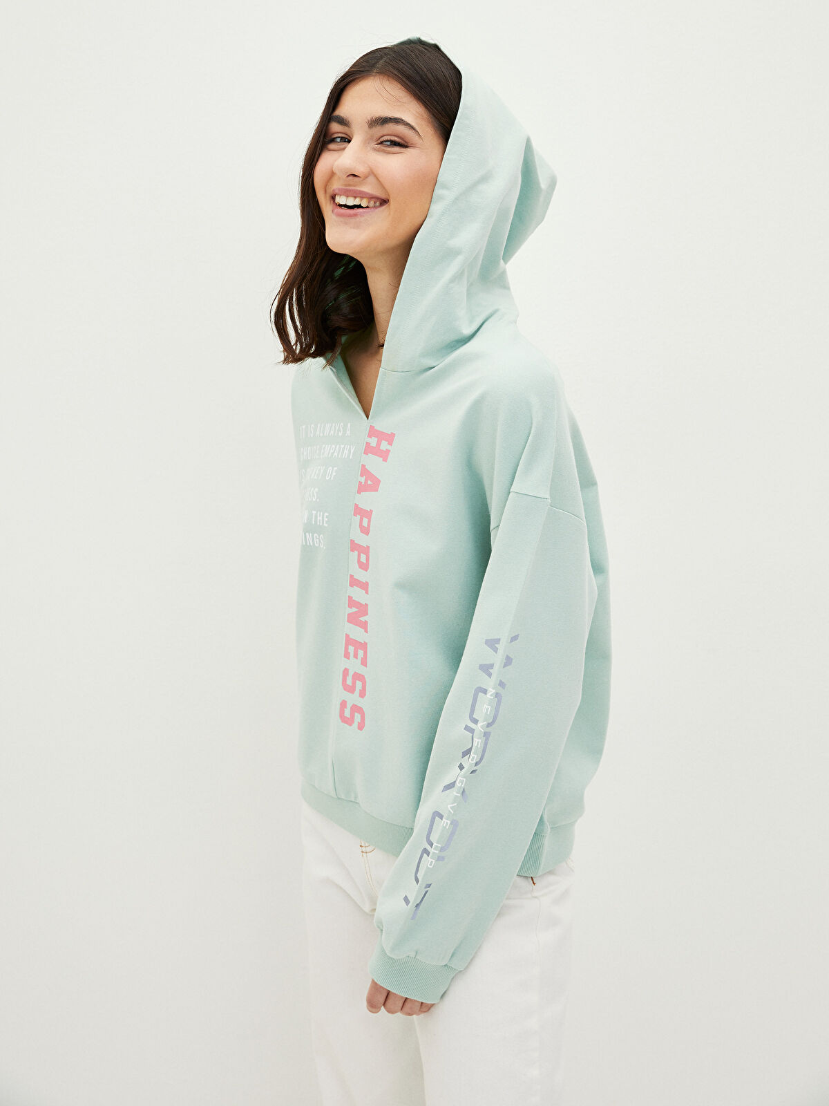 Kapüşonlu Yazı Baskılı Uzun Kollu Pamuklu Kadın Sweatshirt Anne Kız Kombini