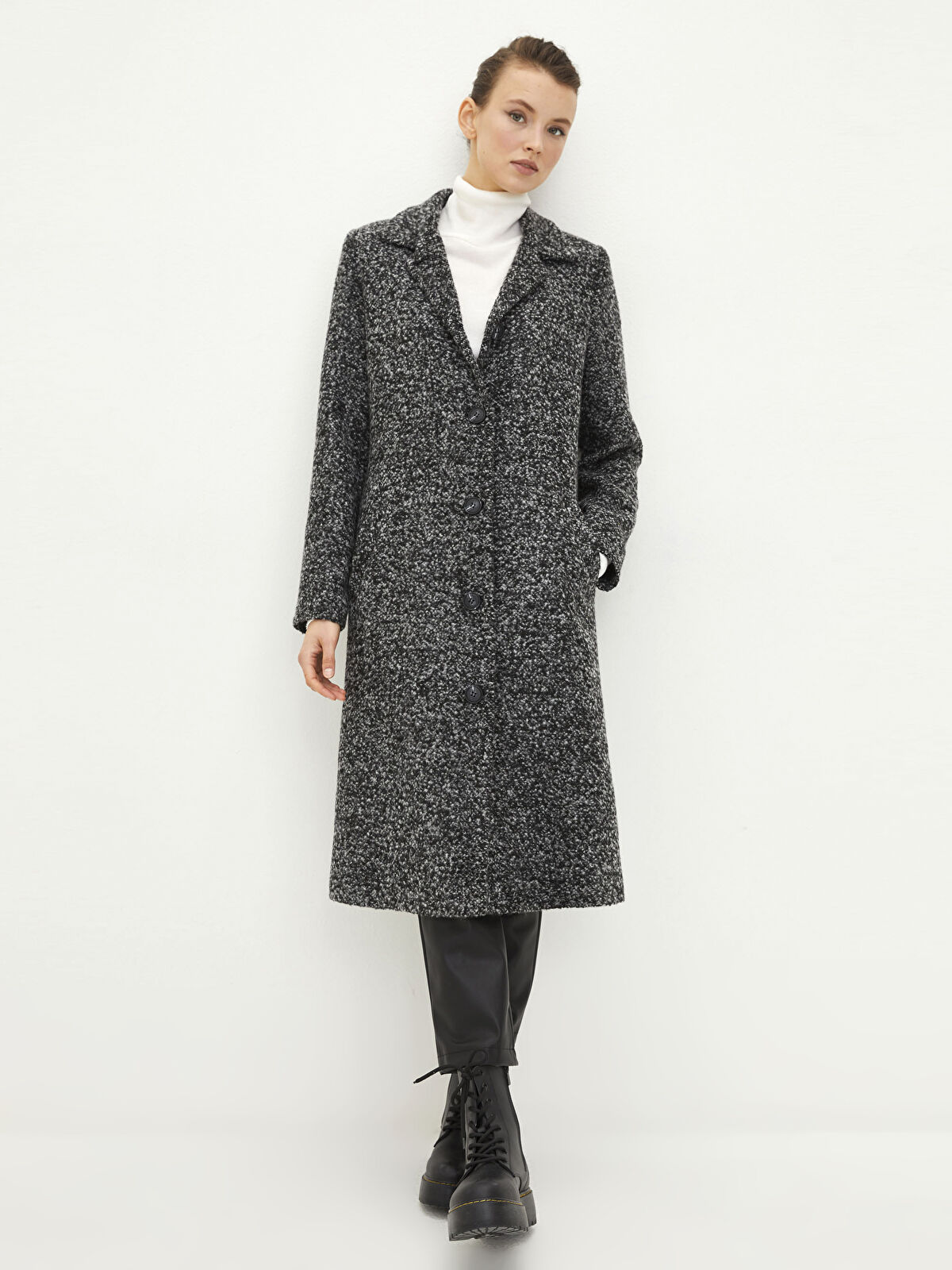 LCW CLASSIC Ceket Yaka Düz Uzun Kollu Kadın Kaşe Kaban