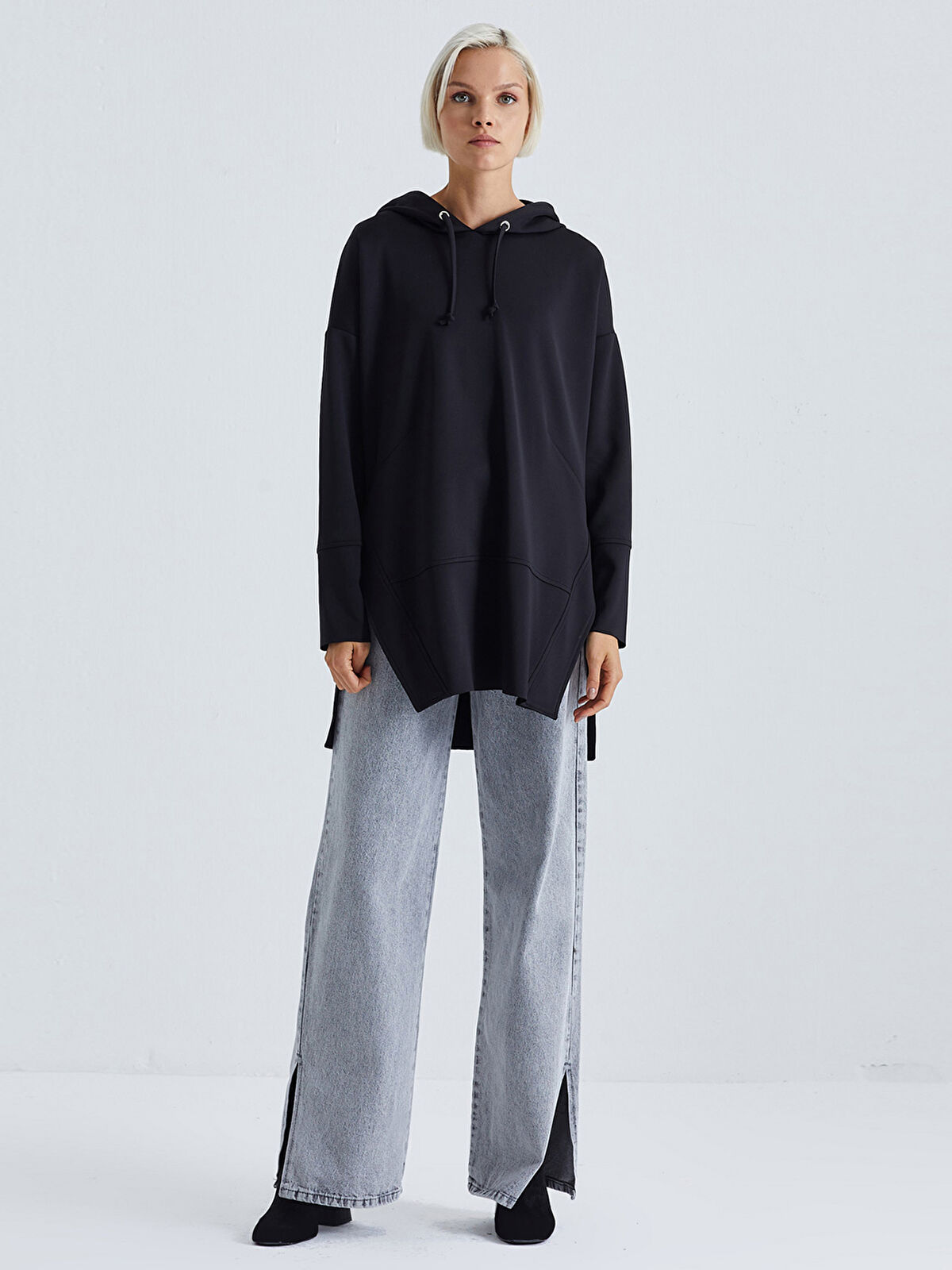 Terzi Dükkanı Kapüşonlu Düz Uzun Kollu Kadın Spor Tunik