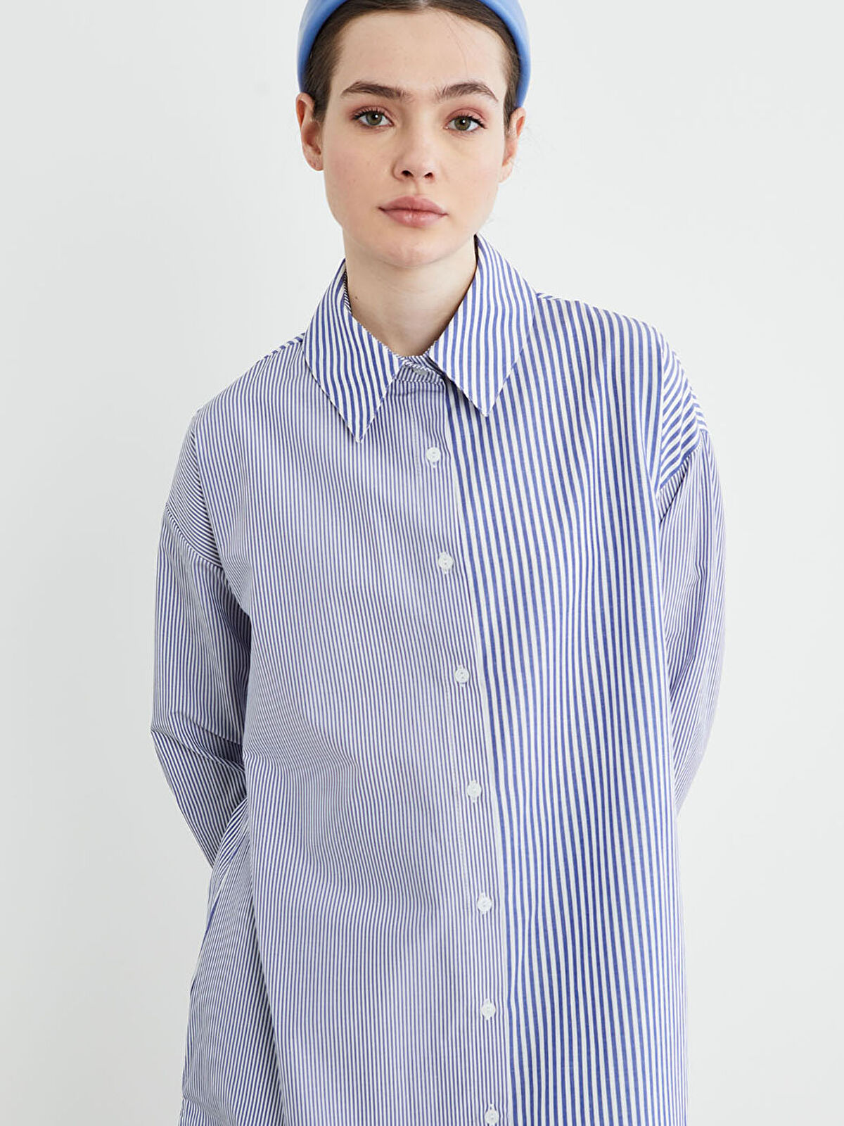 Terzi Dükkanı Önden Düğme Kapamalı Çizgili Uzun Kollu Pamuklu Kadın Gömlek