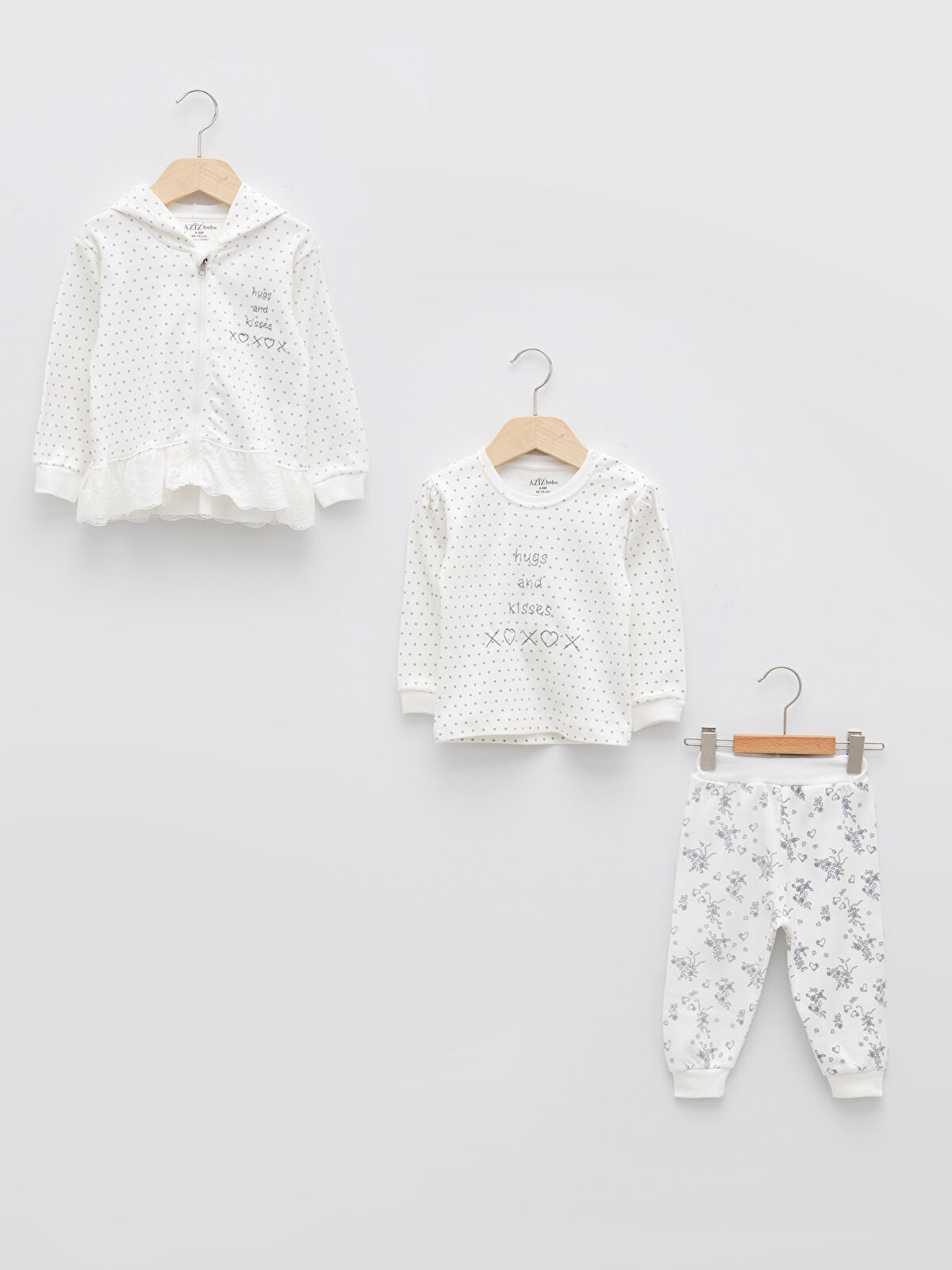 Aziz Bebe Bisiklet Yaka Uzun Kollu Baskılı Kız Bebek 3'lü Takım