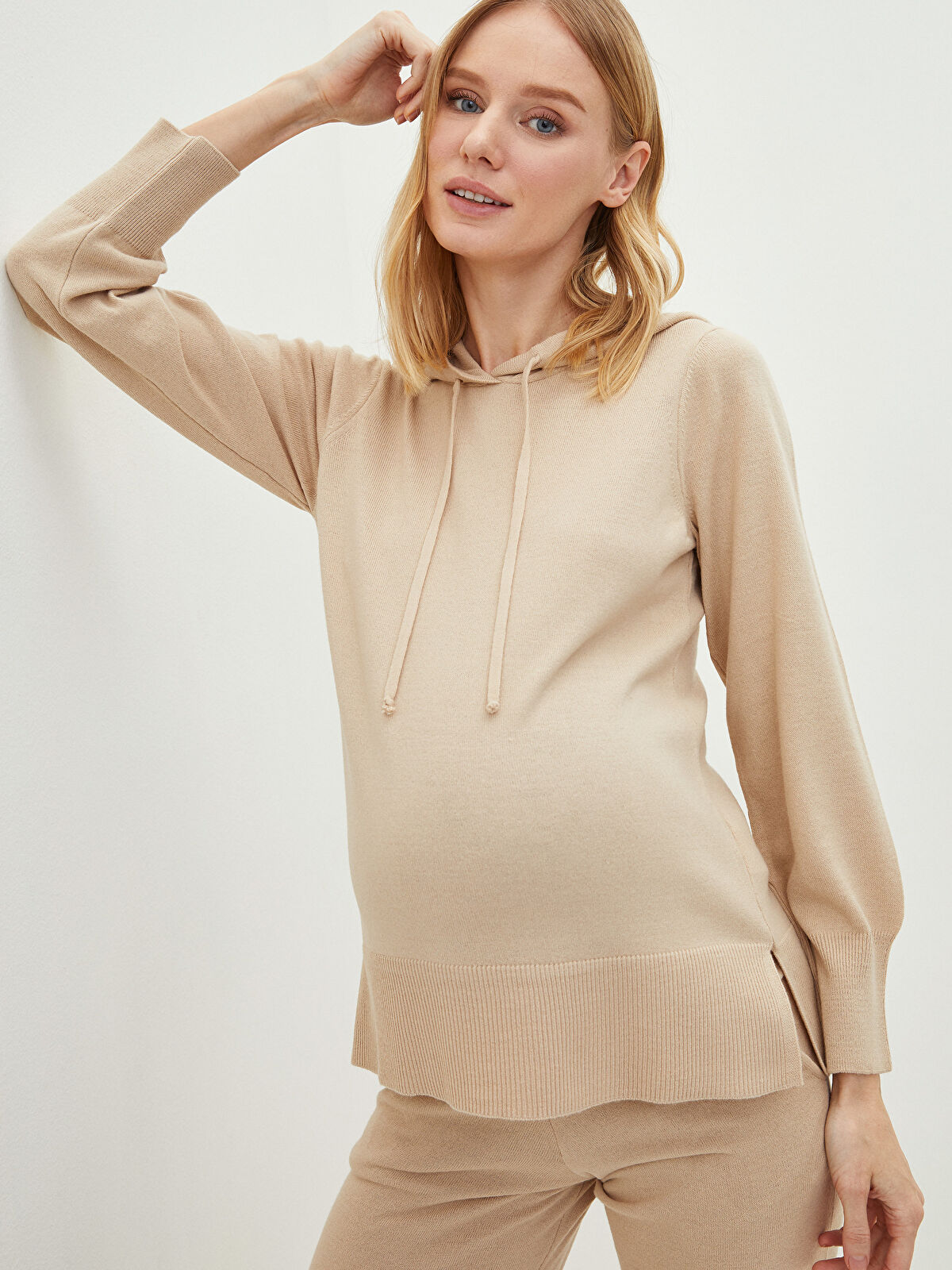 Kapüşonlu Düz Uzun Kollu Hamile Triko Kazak