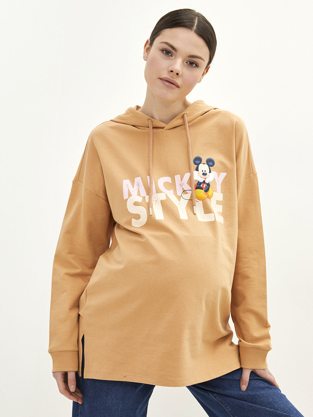 Kapüşonlu Mickey Mouse Baskılı Uzun Kollu Pamuklu Hamile Sweatshirt