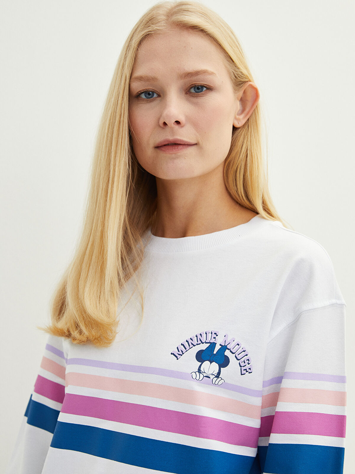 Bisiklet Yaka Minnie Mouse Baskılı Uzun Kollu Pamuklu Hamile Sweatshirt