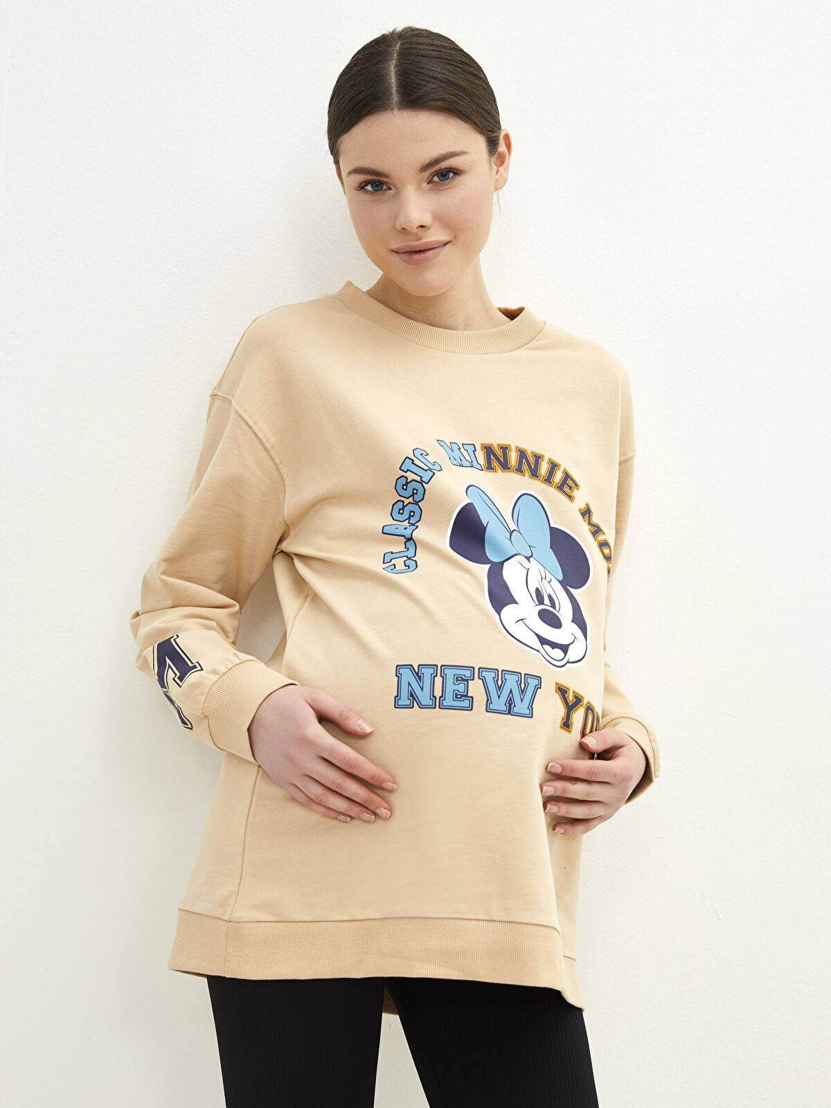 Bisiklet Yaka Minnie Mouse Baskılı Uzun Kollu Hamile Sweatshirt