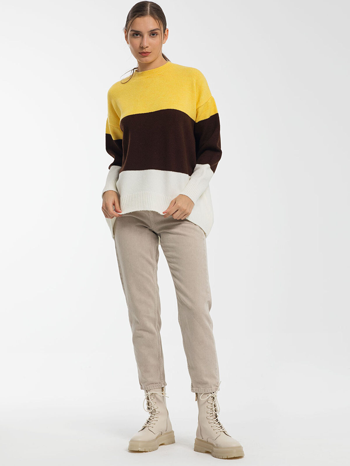 Nisan Triko Bisiklet Yaka Renk Bloklu Uzun Kollu Oversize Kadın Triko Kazak