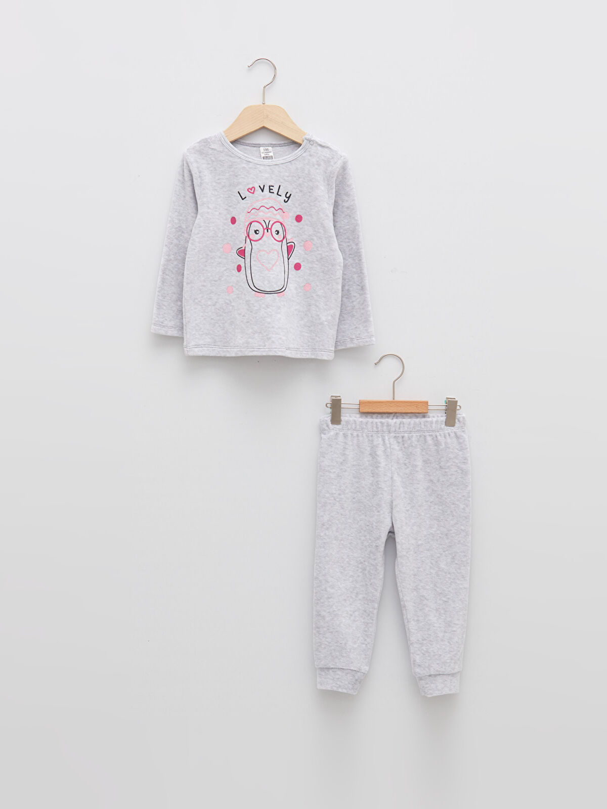 Bisiklet Yaka Uzun Kollu Baskılı Kadife Kız Bebek Pijama Takımı 2'li