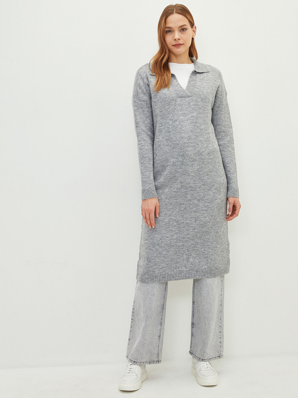 MODEST Polo Yaka Düz Uzun Kollu Kadın Triko Tunik