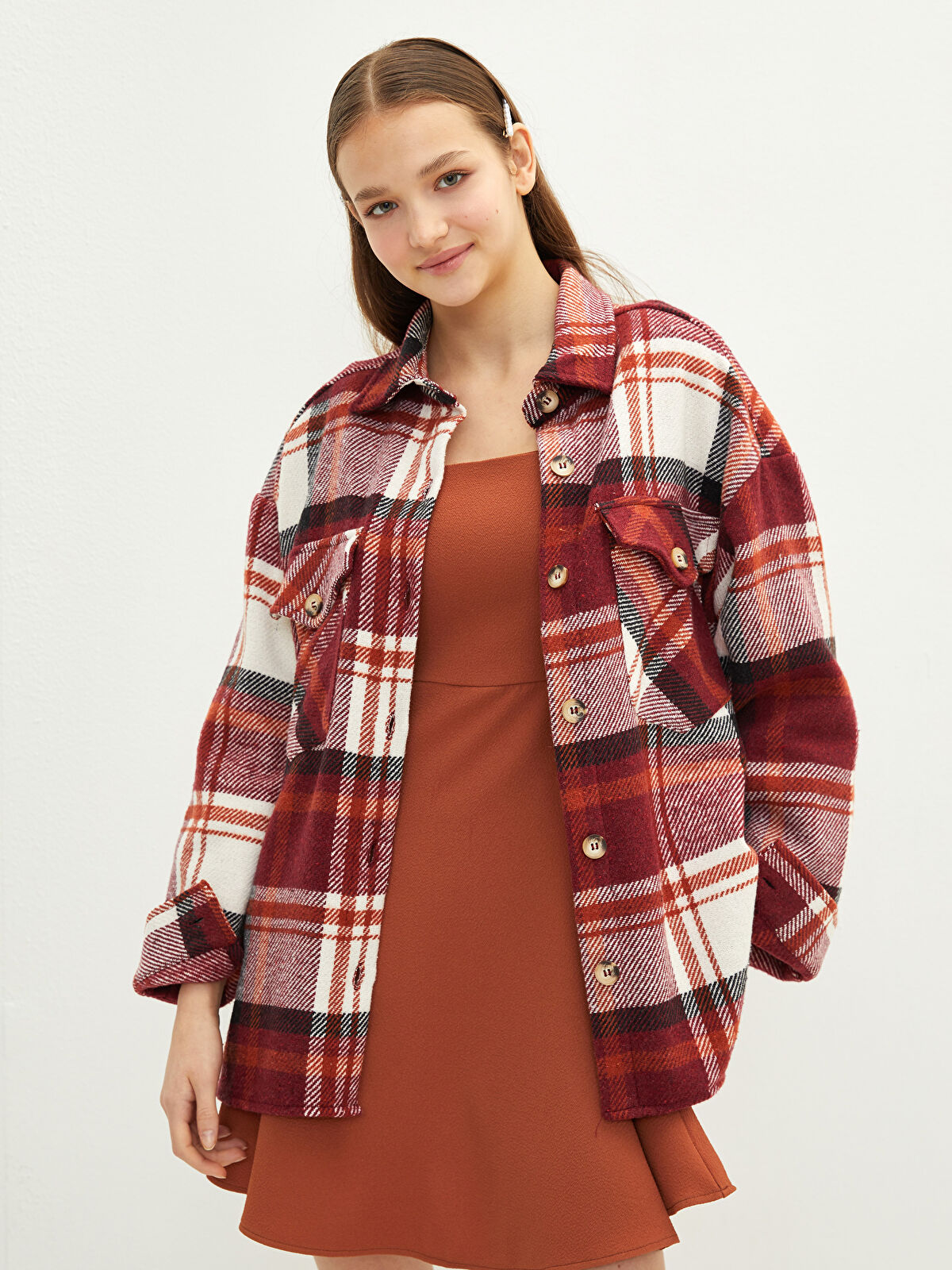 LCW LIMITED Gömlek Yaka Ekose Uzun Kollu Kadın Gömlek Ceket