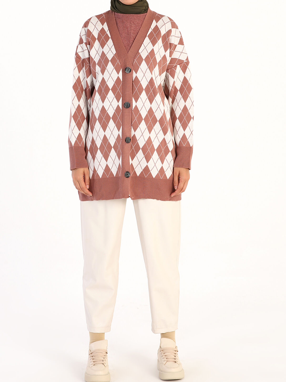 Allday V Yaka Baklava Desenli Uzun Kollu Kadın Triko Hırka