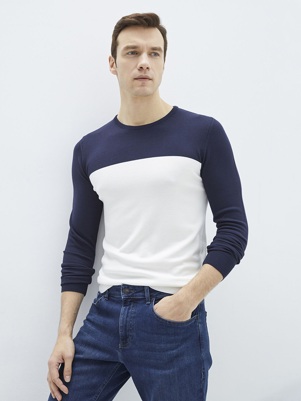 LCW CLASSIC Bisiklet Yaka Uzun Kollu Renk Bloklu İnce Erkek Triko Kazak